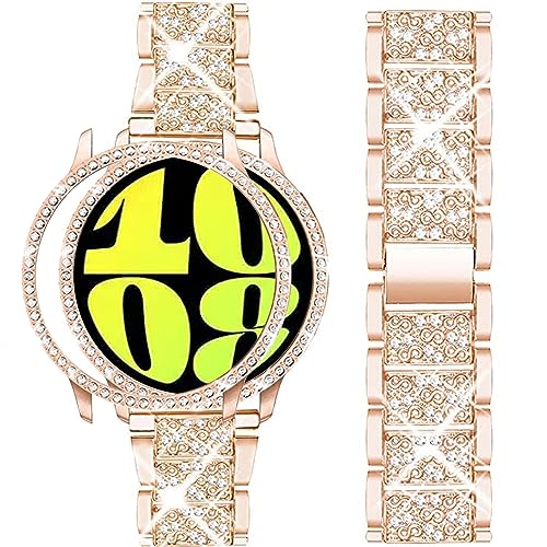 Mosonio Compatible with Samsung Galaxy Watch 6 Band 40mm, 20 mm Black Bling Galaxy Watch Band with 40 mm Cover Case for Women, Jewelry Metal Wristband for Samsung Galaxy Watch 6(Rose Gold,40 mm)