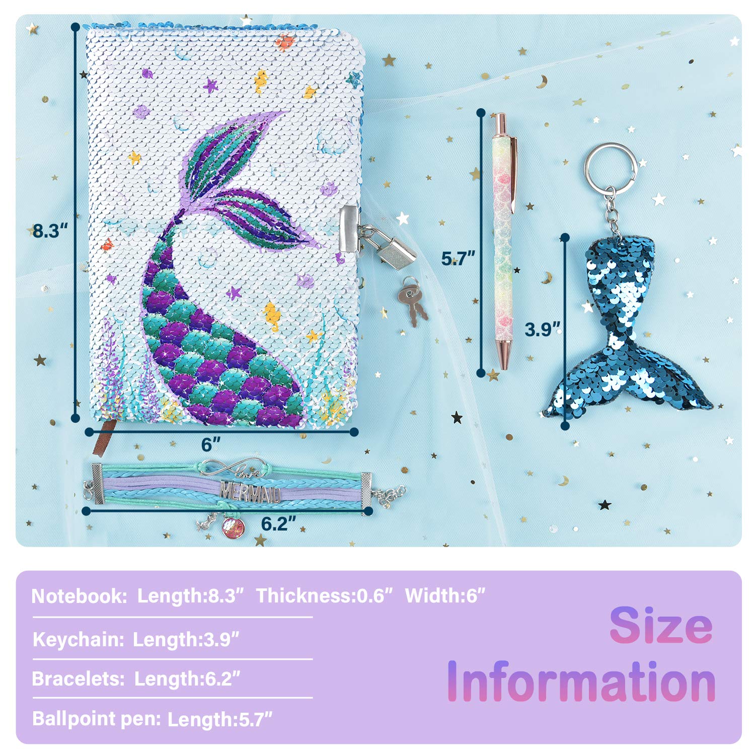 WERNNSAI Mermaid Diary for Girls with Lock - Kids Journals Set Sequins Unique Mermaid Gift for Girls ages 6-8, Travel School Office Notebook Notepad A5 Diary with Ballpoint Pen Bracelet Key-chain