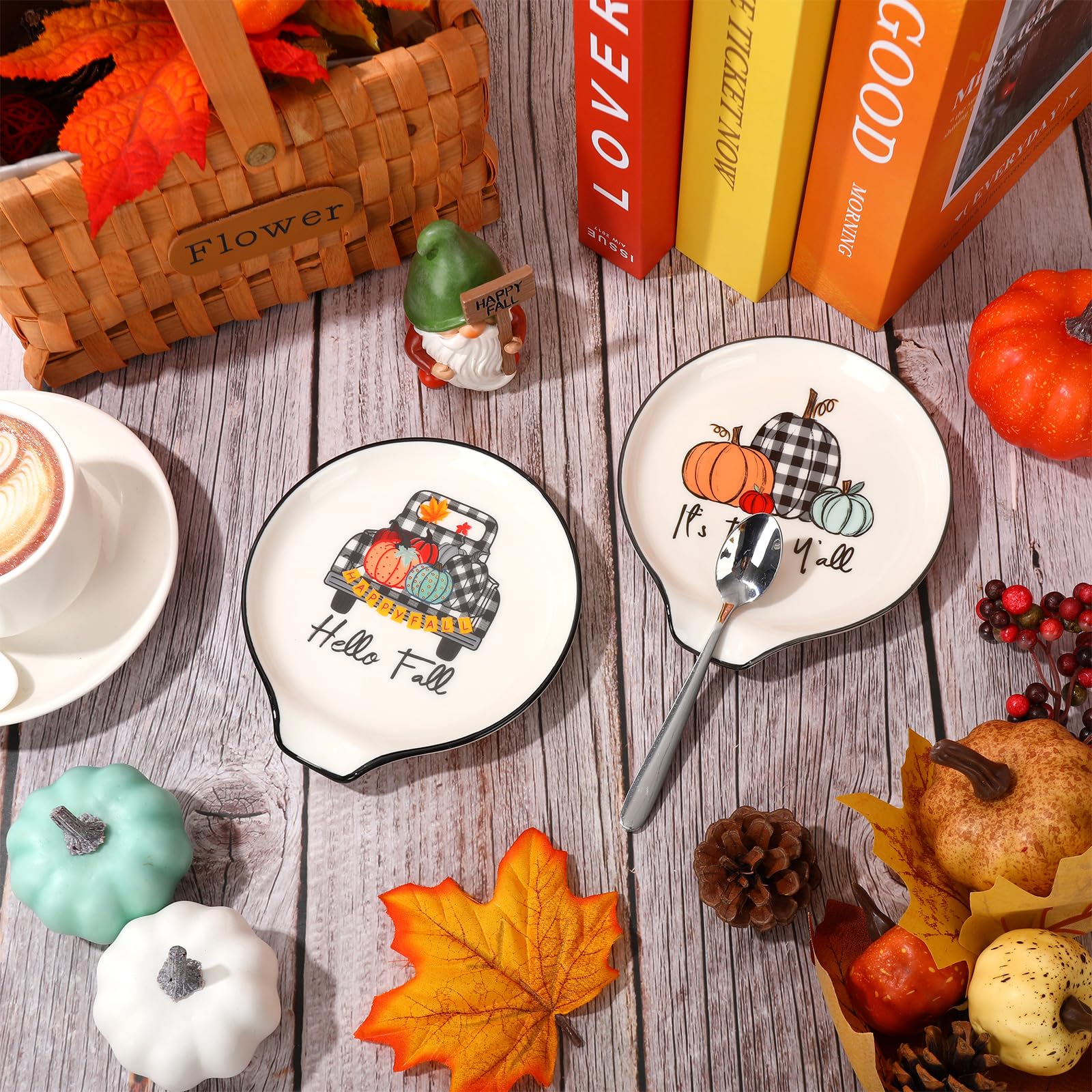 JarThenaAMCS 2Pcs Fall Spoon Rest Plaid Pumpkin Truck Ceramic Spoon Holder Farmhouse Sauce Dishes Ring Dish for Autumn Thanksgiving Kitchen Home Office Decor