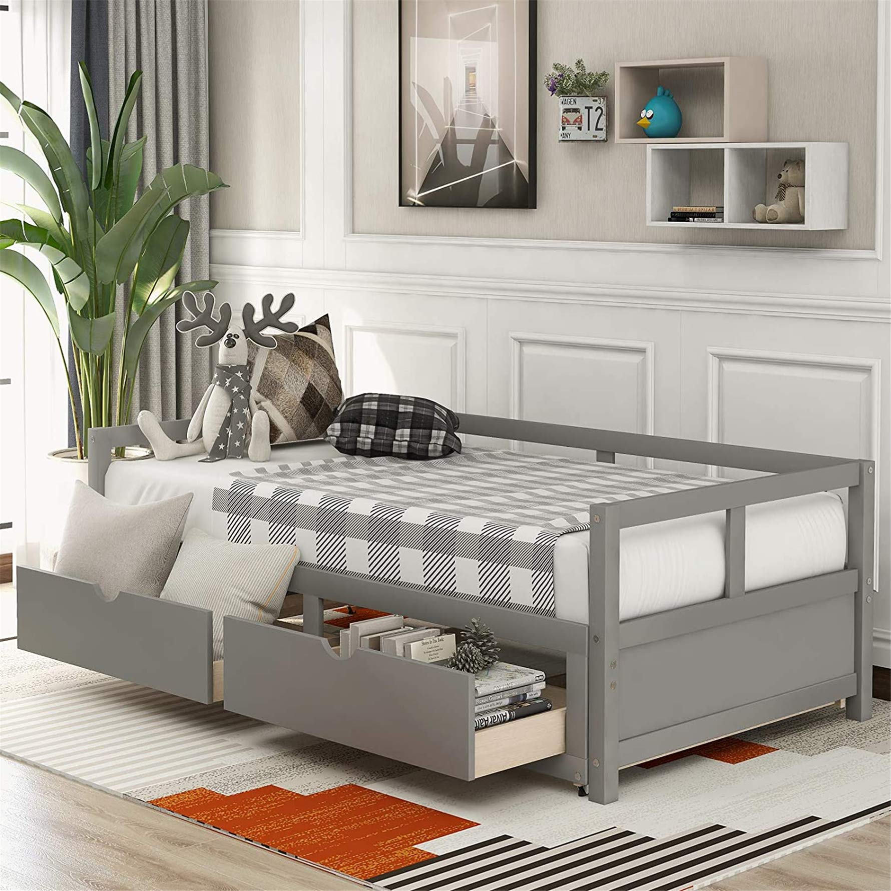 MERITLINE Daybed Frame with Two Storage Drawers, Twin to King Daybed Extendable Design,Wooden Sofa Bed for Bedroom Living Room,Grey