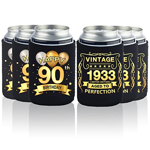 Greatingreat 90th Birthday Can Cooler Sleeves Pack of 12-90th Anniversary Decorations- Vintage 1933-90th Birthday Party Supplies - Black and Gold Ninety Birthday Cup Coolers