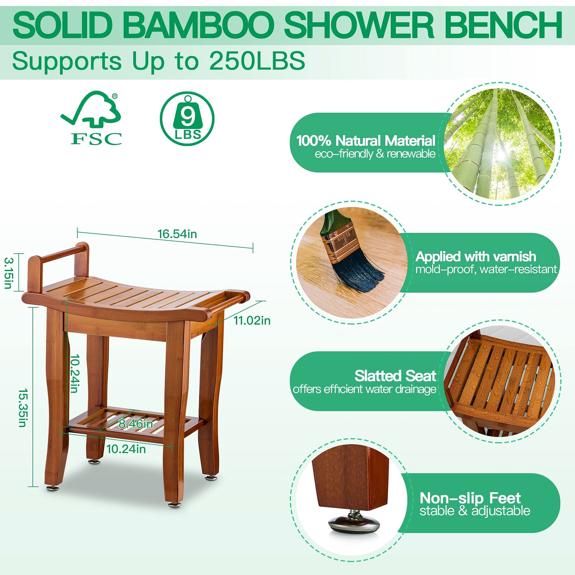 ETECHMART 2-Tier Bamboo Shower Bench, 24 Inch Spa Stool with Storage Shelf for Inside Shower Legs Shaving, Entryway or Bathroom, A-Shaped Shower Bath Seat for Seniors Adults Disabled Women, Natural+Ba