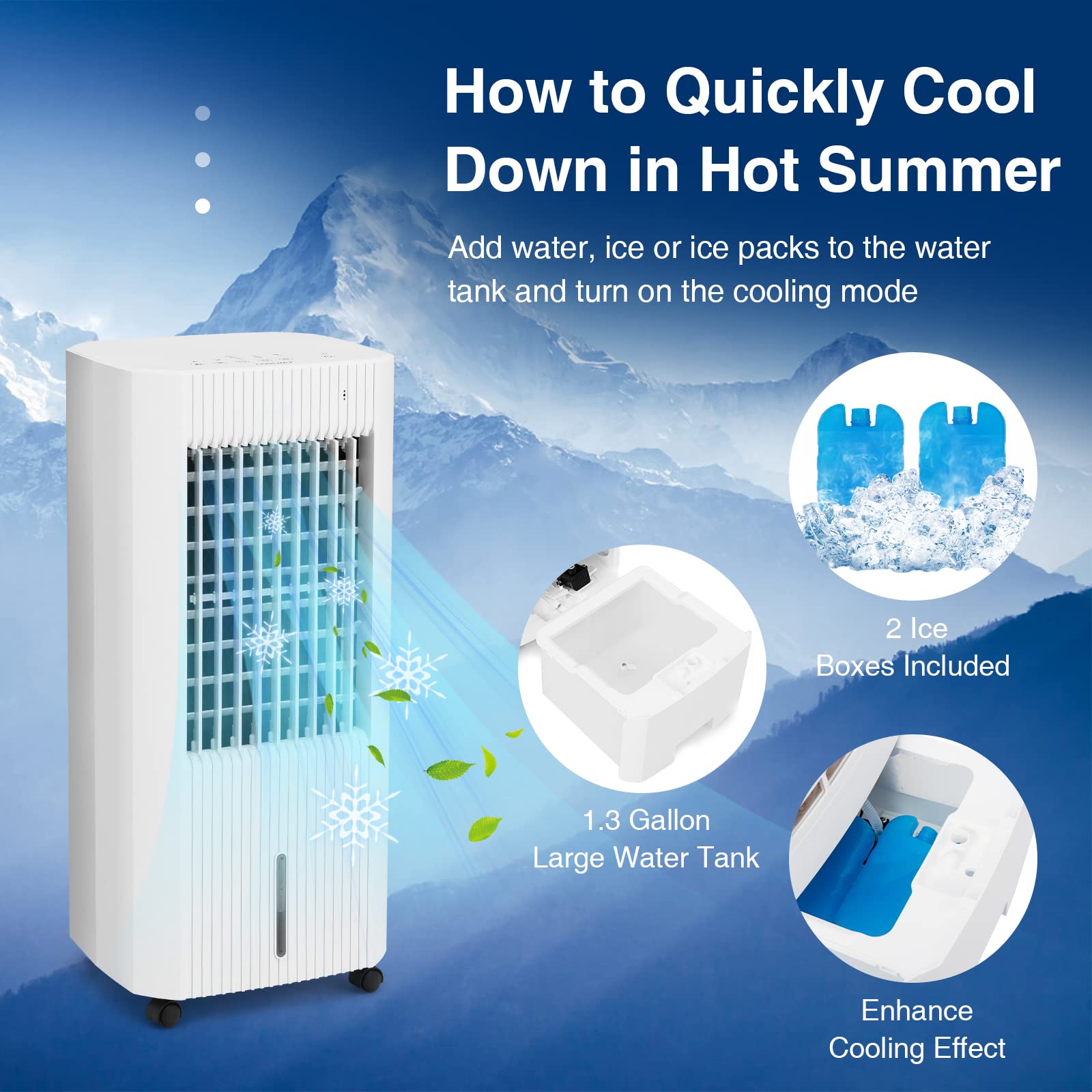 COSTWAY Evaporative Air Cooler, Portable Swamp Cooler with Remote, 2 Ice Packs, 15H Timer, 1.3 Gal Water Tank, 60° Oscillation, 3 Modes, 3 Speeds, LED Display, Evaporative Cooler for Bedroom Office