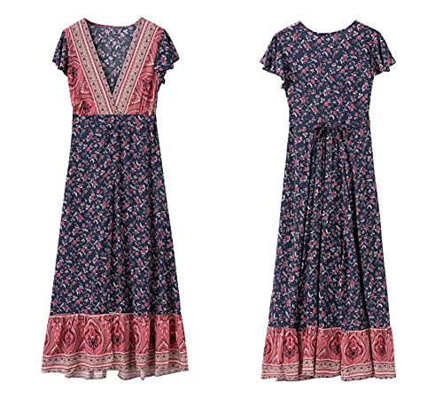 R.Vivimos Women's Summer Short Sleeve Floral Print Bohemian Beach Waist Tie Wrap Long Flowy Dress with Slit (XL, Dark Blue#2)