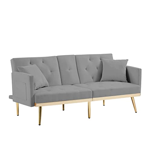 HoRunzelin Soft Velvet Sleeper Sofa Bed with Cup Holder and 2 Pillows for Living Room,Luxury Loveseat Couch Can Put Down The Back,Grey