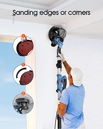 Handife Drywall Sander 800W 7A with Vacuum Auto Dust Collection, Variable Speed 800-1800RPM Power Double-Deck LED Lights, Extendable Handle, Carrying Bag Blue