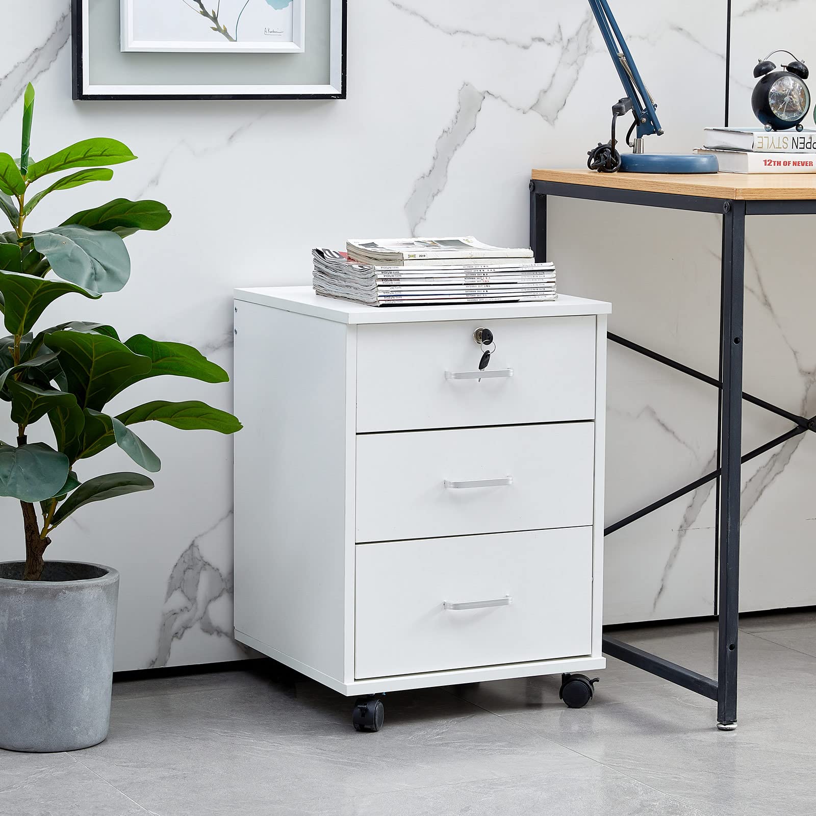 CLIPOP Mobile Office Cabinet with 3 Drawers(1 Lockable), Under Desk Rolling Vertical File Cabinet with 4 Wheels for Letter/Legal /A4 Size Documents, Wooden Storage Cabinet for Home Office (White)