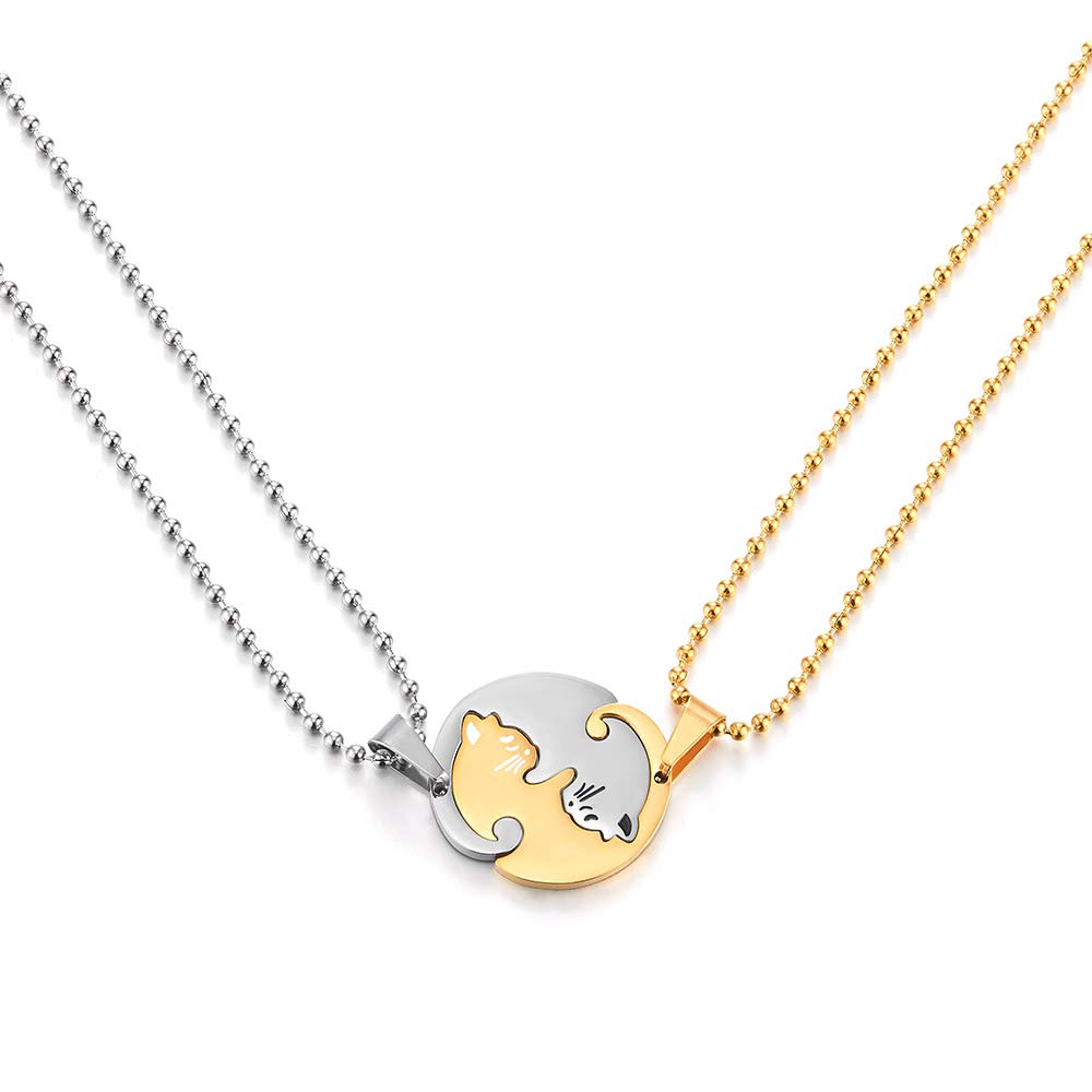 COOLSTEELANDBEYOND Pair Steel Gold Silver Matching Kitty Cat Friendship Pendant Necklace, Lovers Couples Friends
