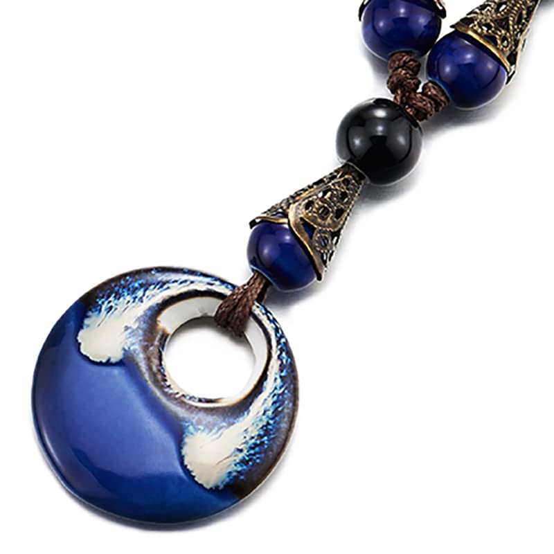 COOLSTEELANDBEYOND Boho Ethnic Long Necklace Wood Beads Black Blue Gem Stone String with Dangling Oval Charm