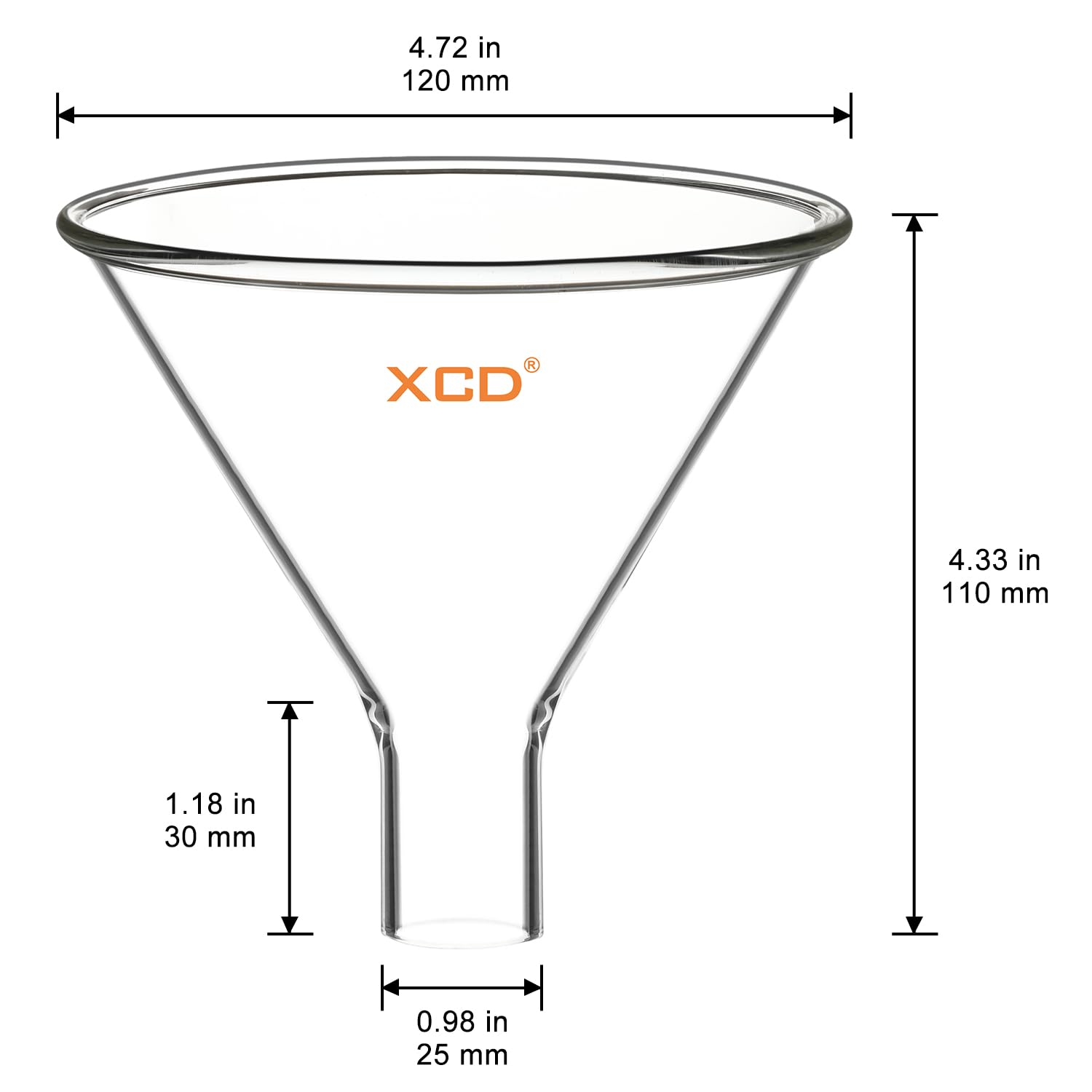 XCD Glass Powder Funnel, Borosilicate Glass Heavy Wall Short Stem Funnel with 120 mm Top Diameter and 22 mm Stem Diameter for Precise Powder Transfers in Laboratory