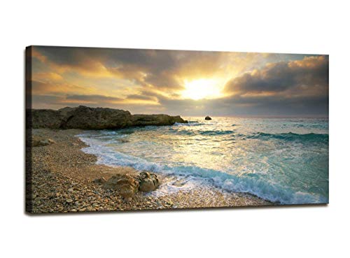 Canvas Wall Art Sunset Beach Blue Waves Ocean Art Large Modern Artwork Canvas Prints Contemporary Pictures Framed Ready to Hang for Home Decoration
