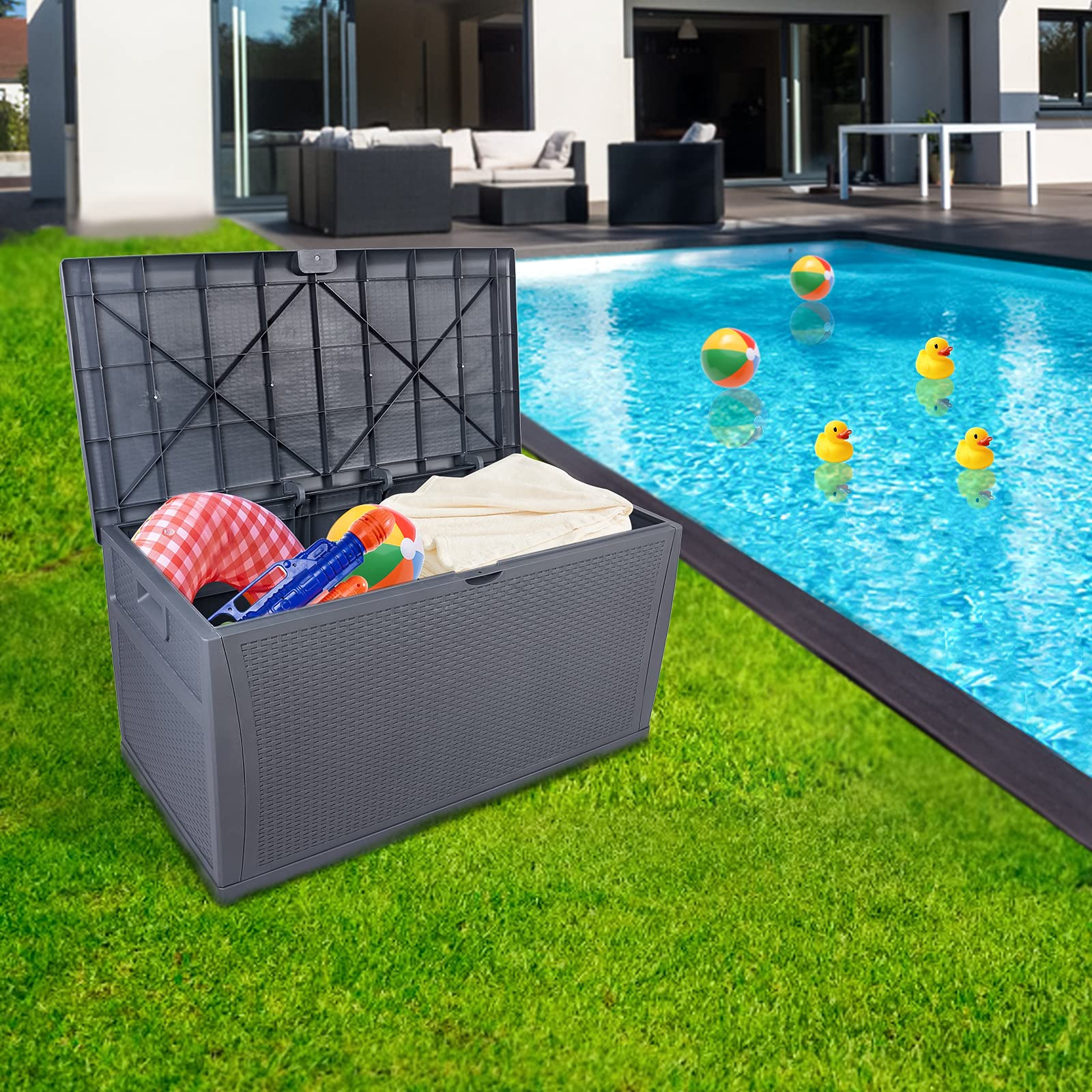 HomVent 120 Gallon Resin Rattan Deck Box, Waterproof Storage Deck Box, Outdoor Storage Container Rattan Style Storage Box for Patio Gardening Tools, Cushions, Pool Accessory, Pillows (Grey)
