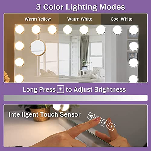 COOLJEEN Large Hollywood Beauty Vanity Mirror with Lights 18 LED Bulbs 3 Color Lighting Modes Makeup Mirror with USB Charging Port & Bluetooth Speaker (White, Bluetooth)