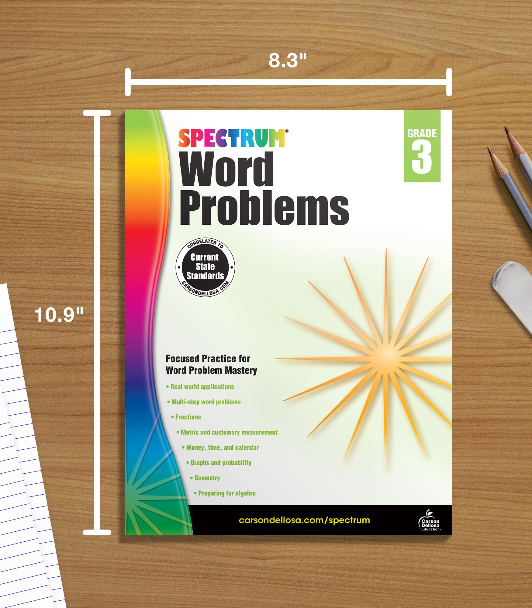 Spectrum Math Word Problems Grade 3 Workbook, Ages 8 to 9, 3rd Grade Math Word Problems, Fractions, Algebra Prep, Geometry, Multi-Step Word Problems, Money, and Time - 128 Pages