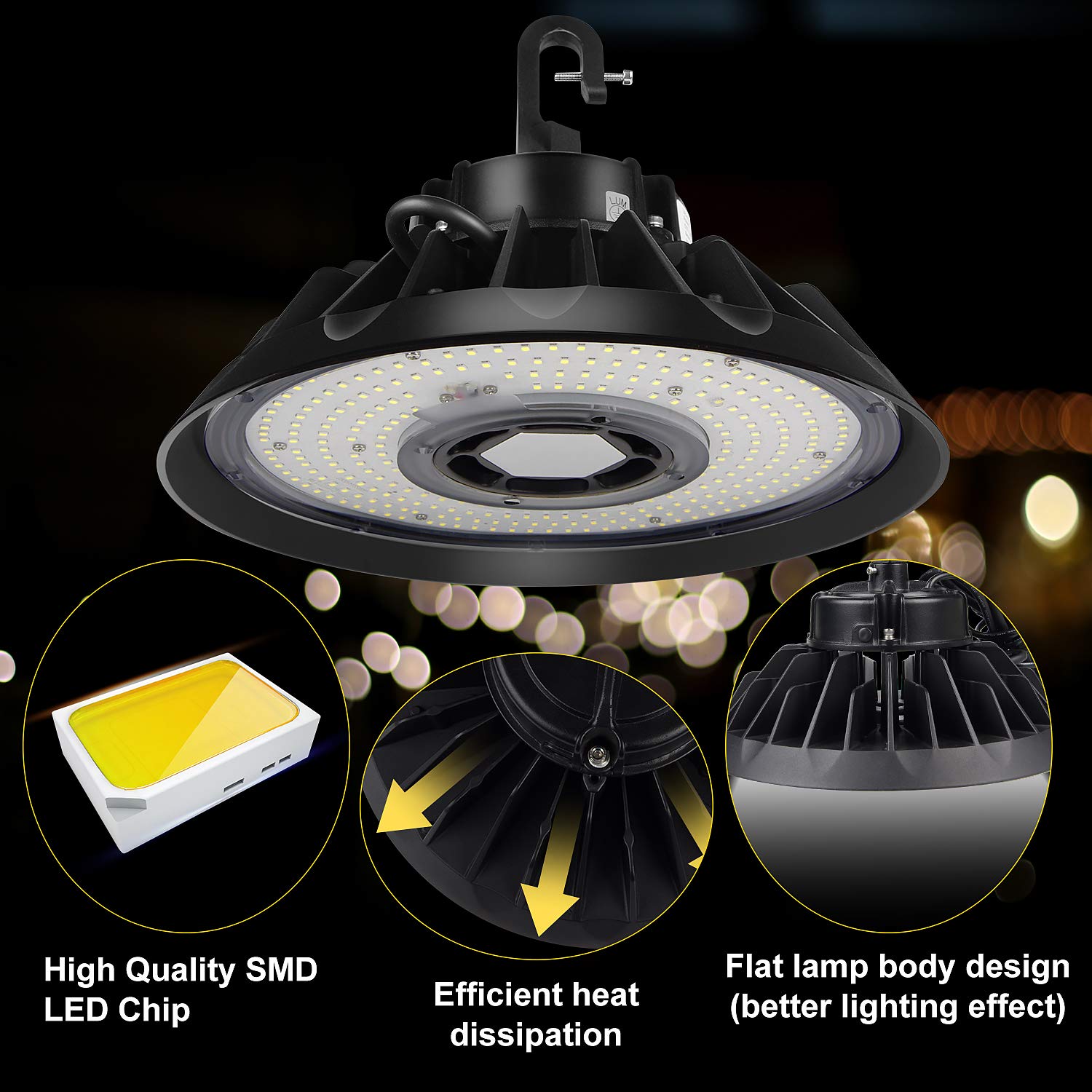 CPROSP UFO High Bay Light LED 150W 1~10V Dimmable 5000K 20000lm, with US Plug, IP66 Waterproof, for Commercial Warehouse/Workshop/Wet Location Area Light