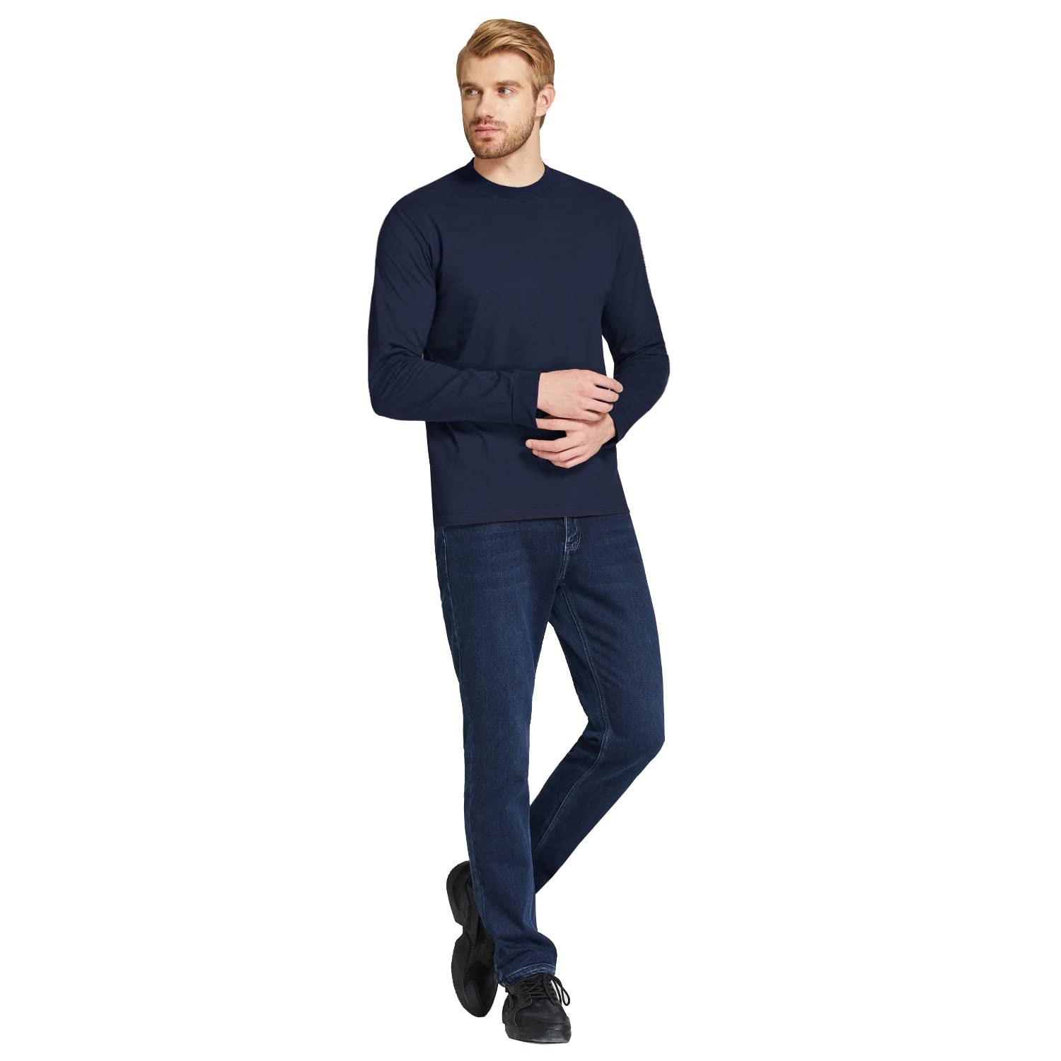 Deeriama Men's Mock Turtleneck Long Sleeve Shirts Cotton Workout T Shirts Casual Tops Golf Base Layer,Navy,Medium