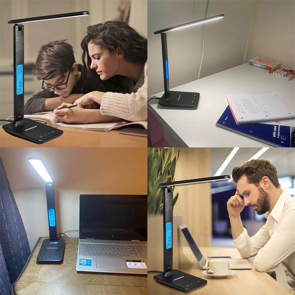 Desk Lamp LED Desk Lamp with Wireless Charger 10W Touch Control 3 Lighting Modes 5 Brightness Levels Adjustable Table Lamp Clock Alarm Date Temperature Function USB Charging Port with Adapter Black