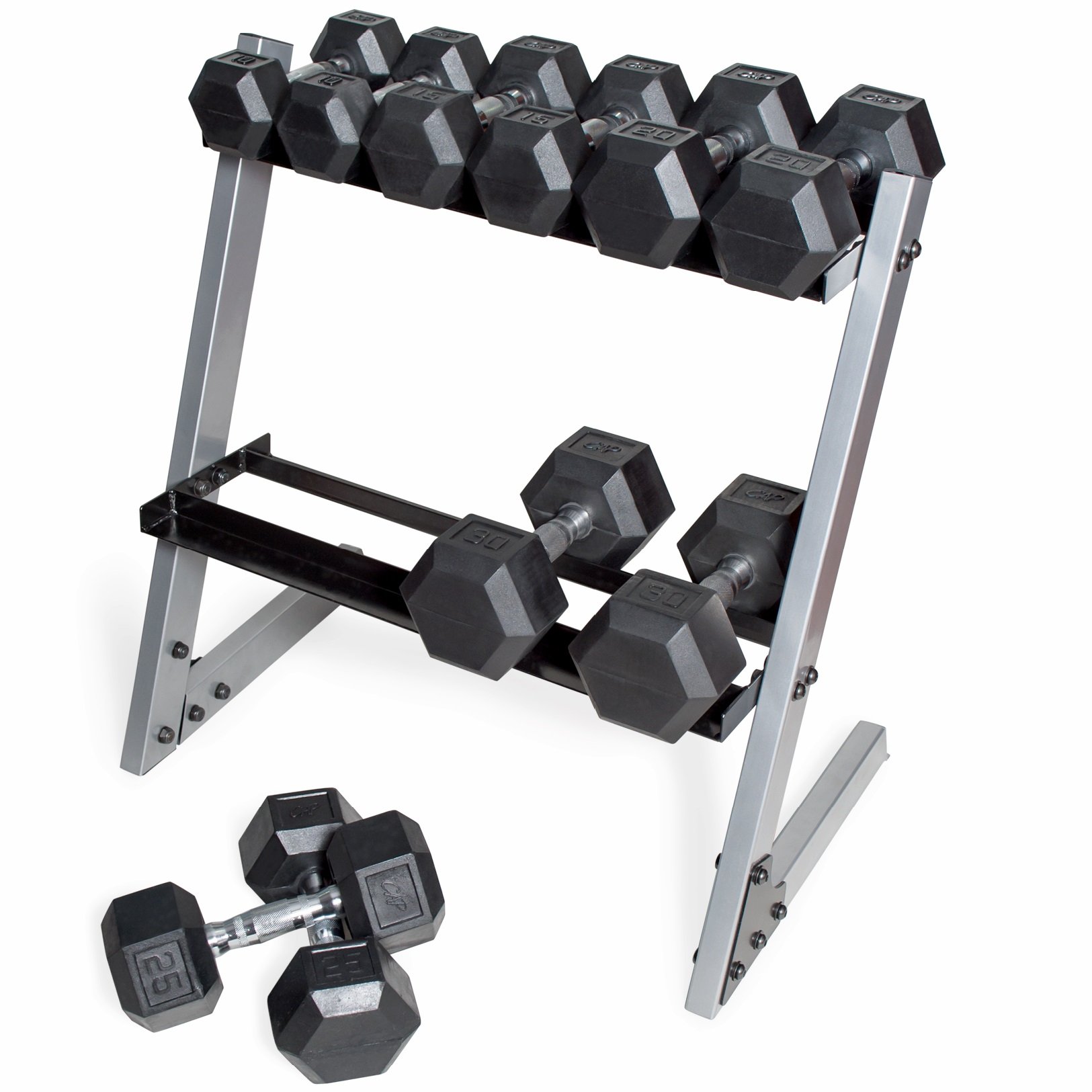 CAP Barbell black Cap Rubber HEX Dumbbell Set with Rack, 200 lb