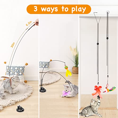 HOSFROLL Cat Toys Wand, Interactive Cat Toy with Super Suction Cup Sticky Detachable 12 PCS Feather Replacements 2 Wands Cat Spring Feather Toys for Indoor Cats Kitten Toys (8 Toys Double Headed)