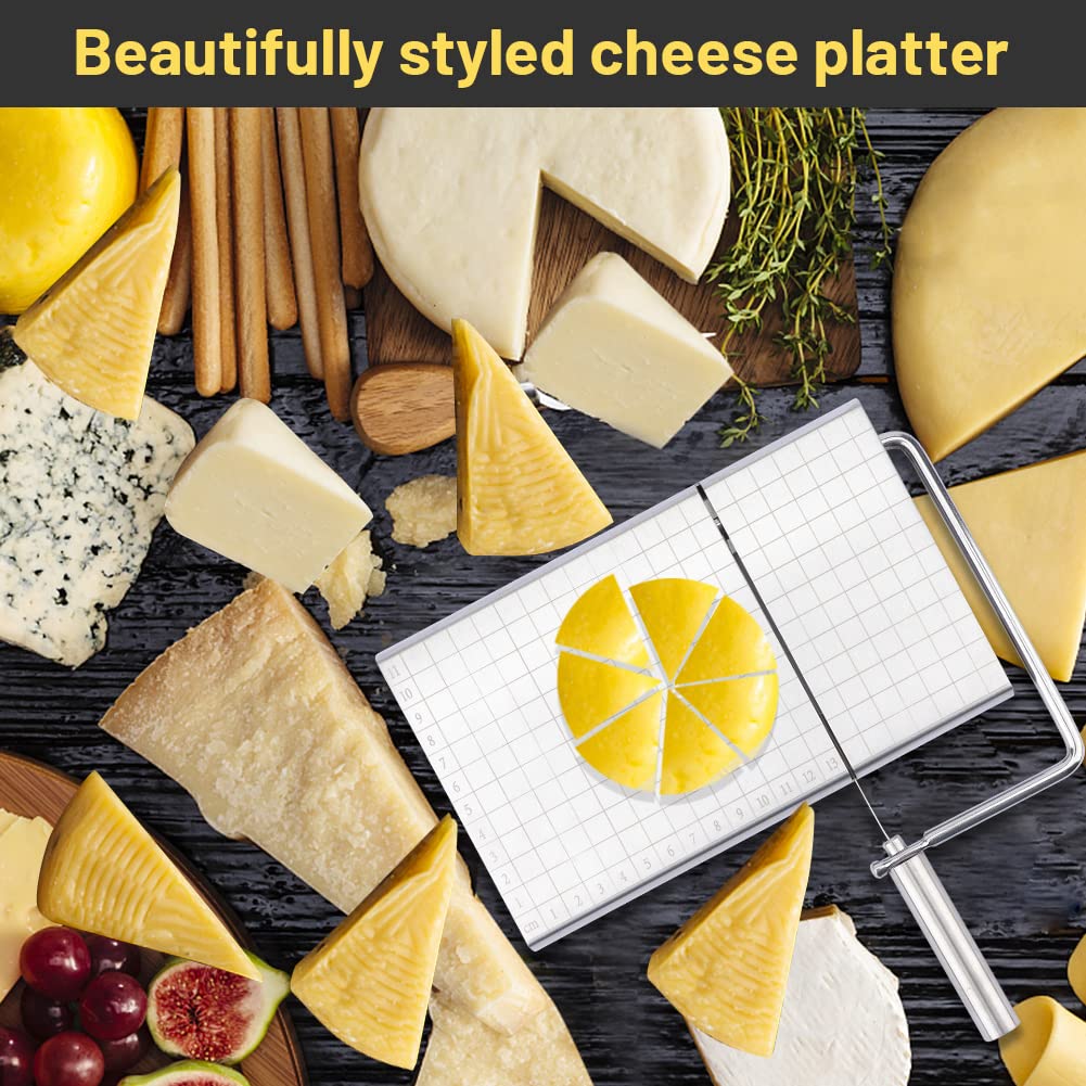 EYYVRE Cheese Slicers for Block Cheese Heavy Duty, Stainless Steel Cheese Slicer & Cheese Cutter with 10 Replacement Wires, Cheese Butter Cutter Board with Accurate Size Scale for Baking