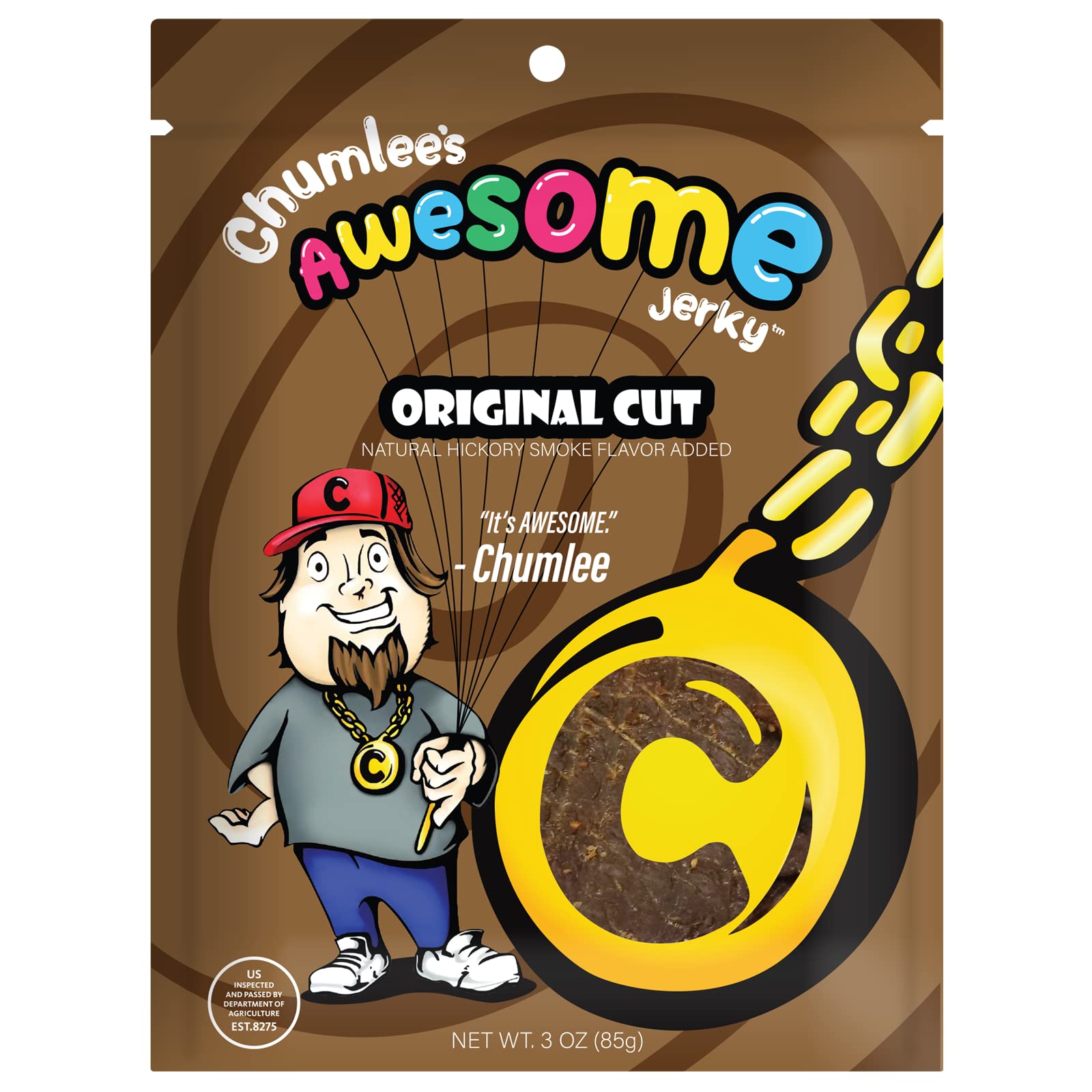 Chumlee's Awesome Beef Jerky, Handcrafted Meat Snack, High Protein, Sugar Free, Original Cut 3 oz Bag