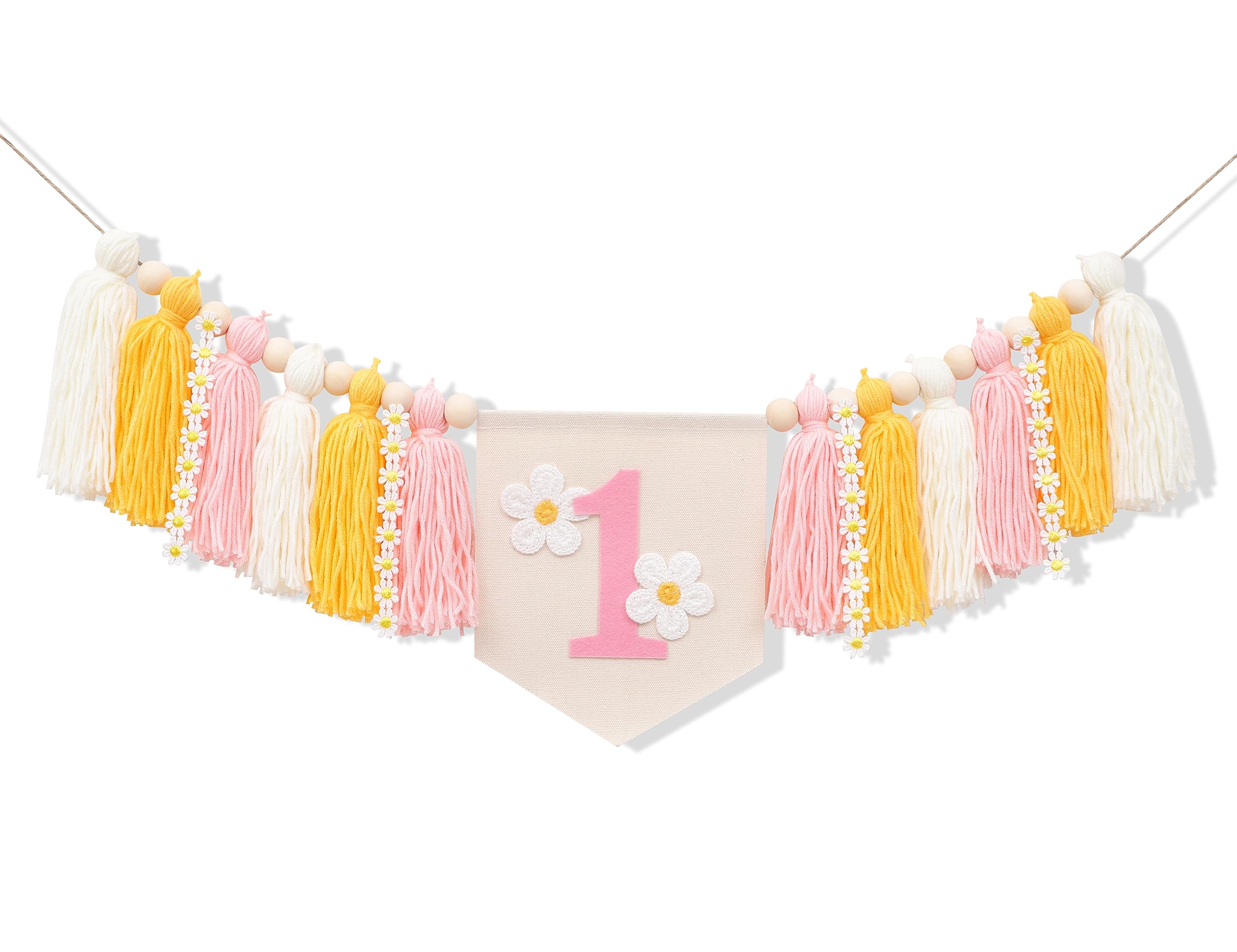 Daisy 1st Birthday Highchair Banner - Pink Yarn Tassel Banner,Girl's Pastel Cake smash Garland,Boho 1st birthday decor,Daisy Theme First Birthday Party Decoration,Pink 1st Birthday Cake Smash Backdrop