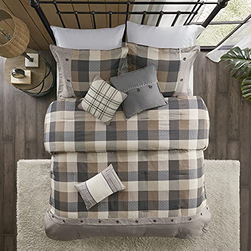 Madison Park Ridge Comforter Set-Cabin Lodge Plaid Herringbone Design All Season Down Alternative Cozy Bedding with Matching Bedskirt, Shams, Decorative Pillow, Queen(90"x90"), Neutral 7 Piece