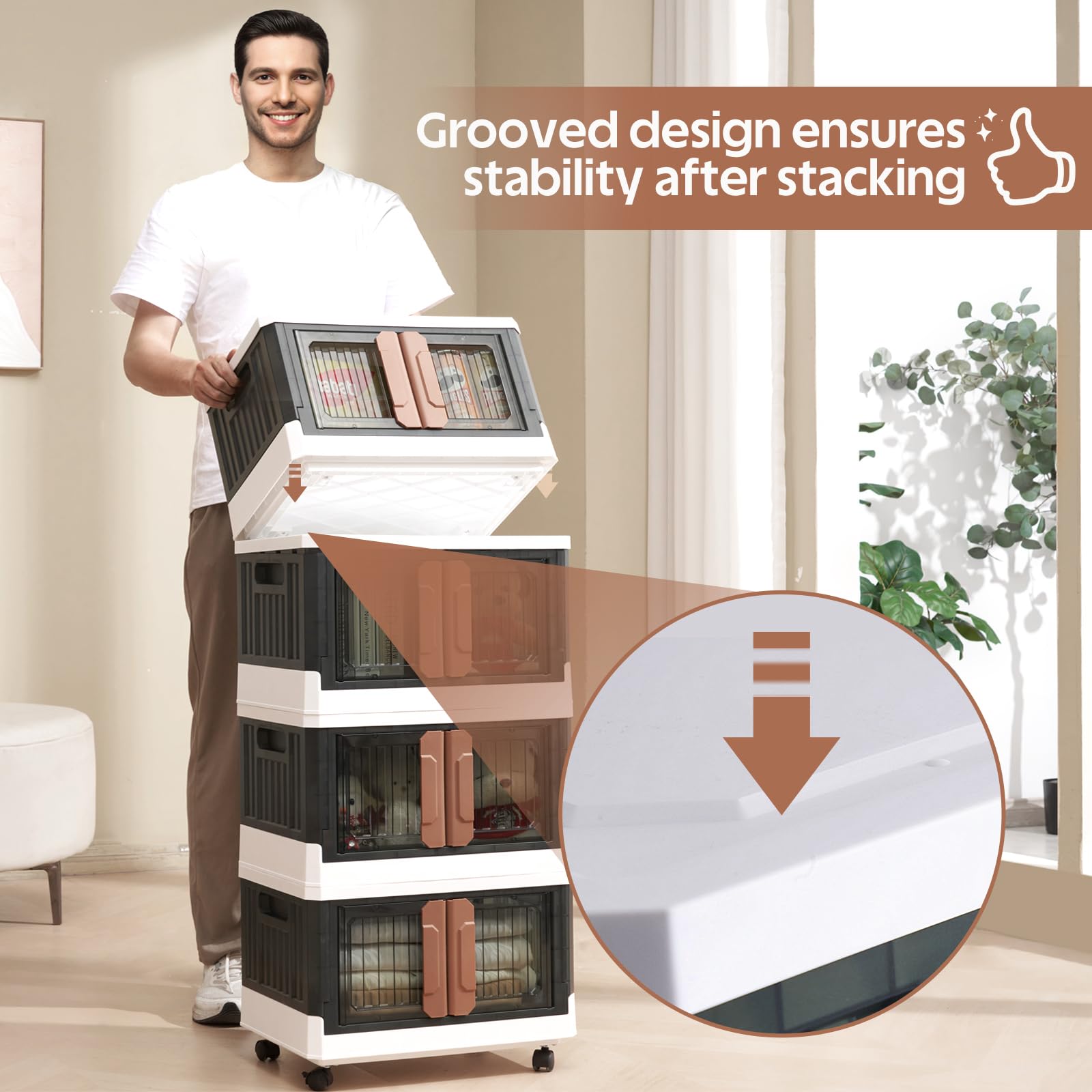 Fangtueh Storage Bins with Lids - LED Clear Plastic Stackable Storage Organizer with Drawer, Collapsible Storage Bins with Wheels, Foldable Closet Storage Containers for Home Office Dorm Room