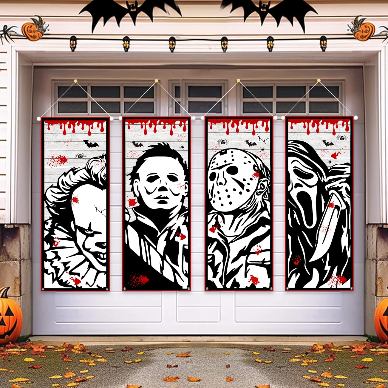 Horror Movie Character Halloween Decoration, Set of 4 Large Horror Paintings Backdrop Bloody Red Horror Movie Character Stretching Portraits for Home Wall Door Decor Hanging Banner
