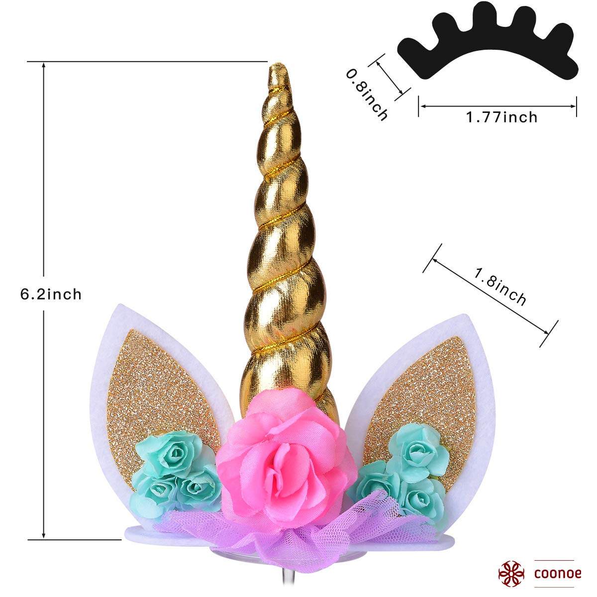 coonoe, Unicorn Cake Topper,Handmade Party Cake Decoration Supplies with Eyelashes and stack,Reuasble Gold Horn for Birthday Party,Baby Shower, Wedding