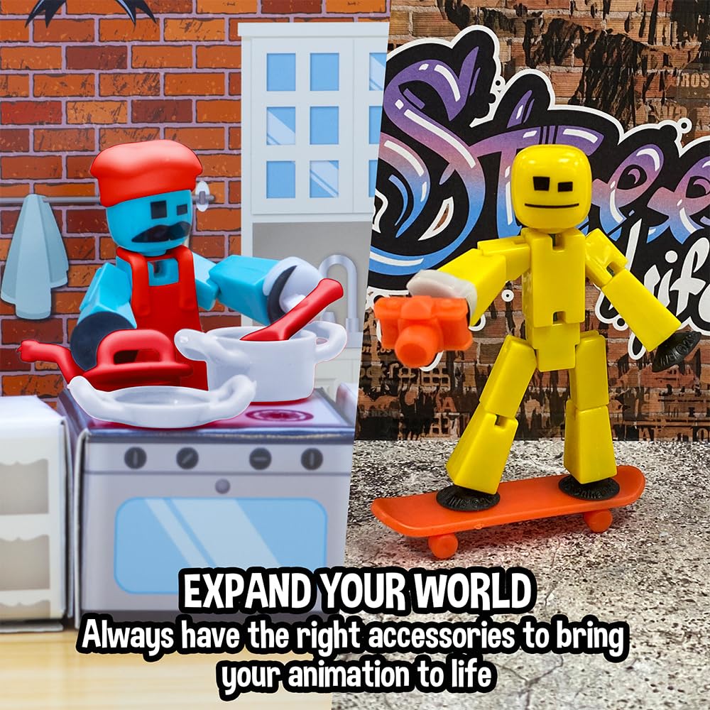 Zing Stikbot Chef and Lifestyle Dual Action Pack - Includes 2 Stikbots and Lots of Cool Accessories in Eco Friendly Packaging (Pack B - Blue & Yellow)