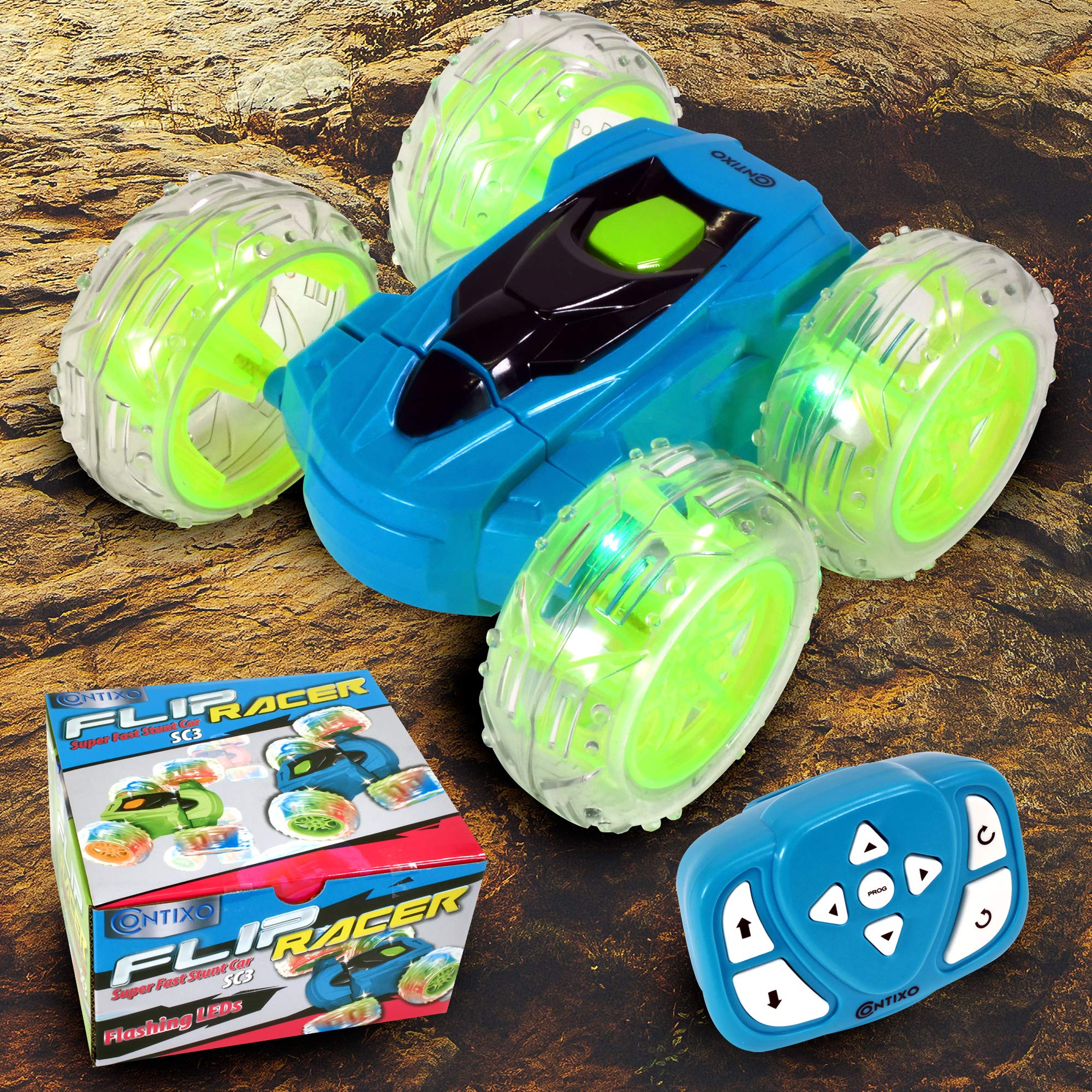 Contixo RC Stunt Car 4WD 2.4Ghz - Double Sided 360° Rotating Remote Control Toy with Lights, for Boys & Girls Age 4-12 Blue