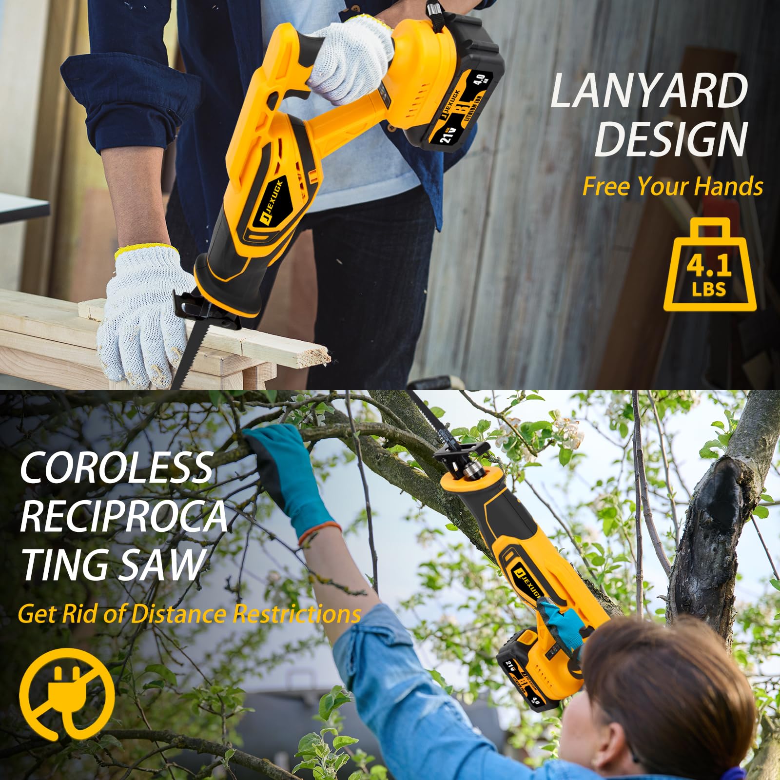 JEXUGK Brushless Reciprocating Saw Cordless, 21V Max 3500 SPM Rechargeable Saw, 2 x 4.0Ah Battery, 12 Saw Blades & Fast Charger, Variable Speed Reciprocating Saws for Woods/Metal/Plastic Cutting