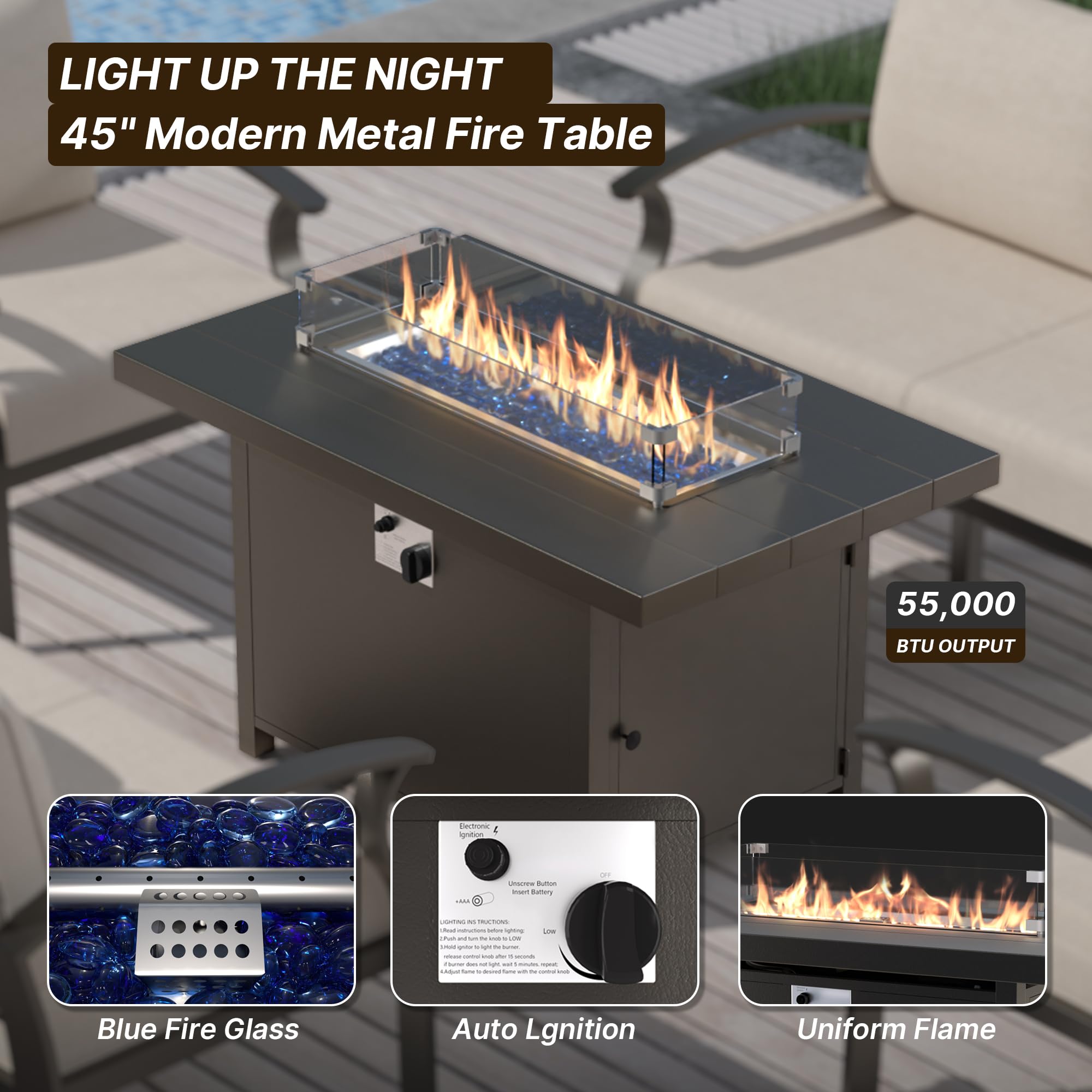 Gotland 6 Seats Outdoor Metal Patio Furniture Set with 55,000 BTU Gas Fire Pit Table w/Glass Wind Guard Patio Conversation Sectional Sofa Sets-Khaki