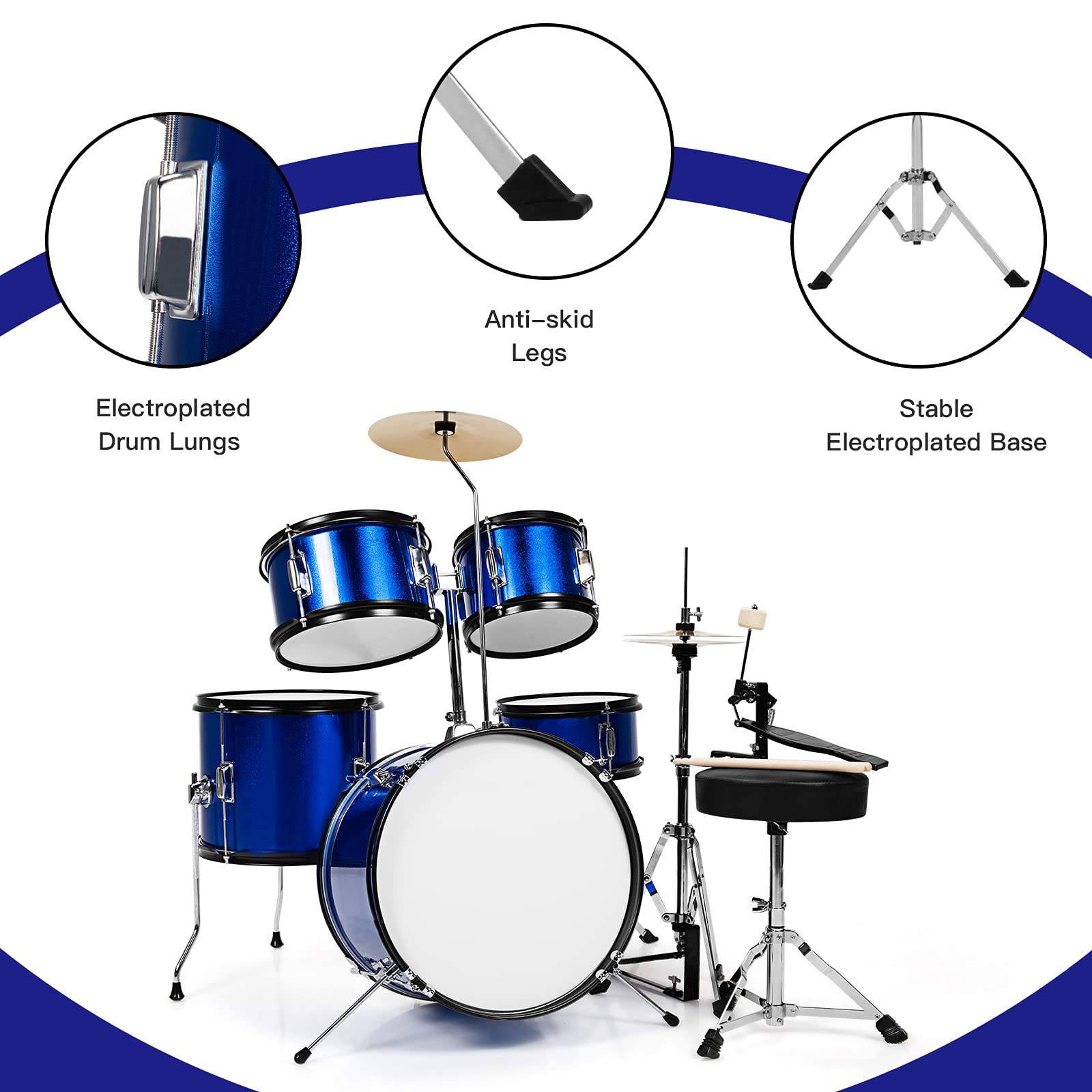 Costzon 16β Kids Drum Set, 5-Piece Full Size Complete Junior Drum Set with Adjustable Throne, Cymbal, Hi-Hat, Pedal & Drumsticks, Beginner Drum Kit with Bass Snare Tom Drum, Age 3-12, Blue