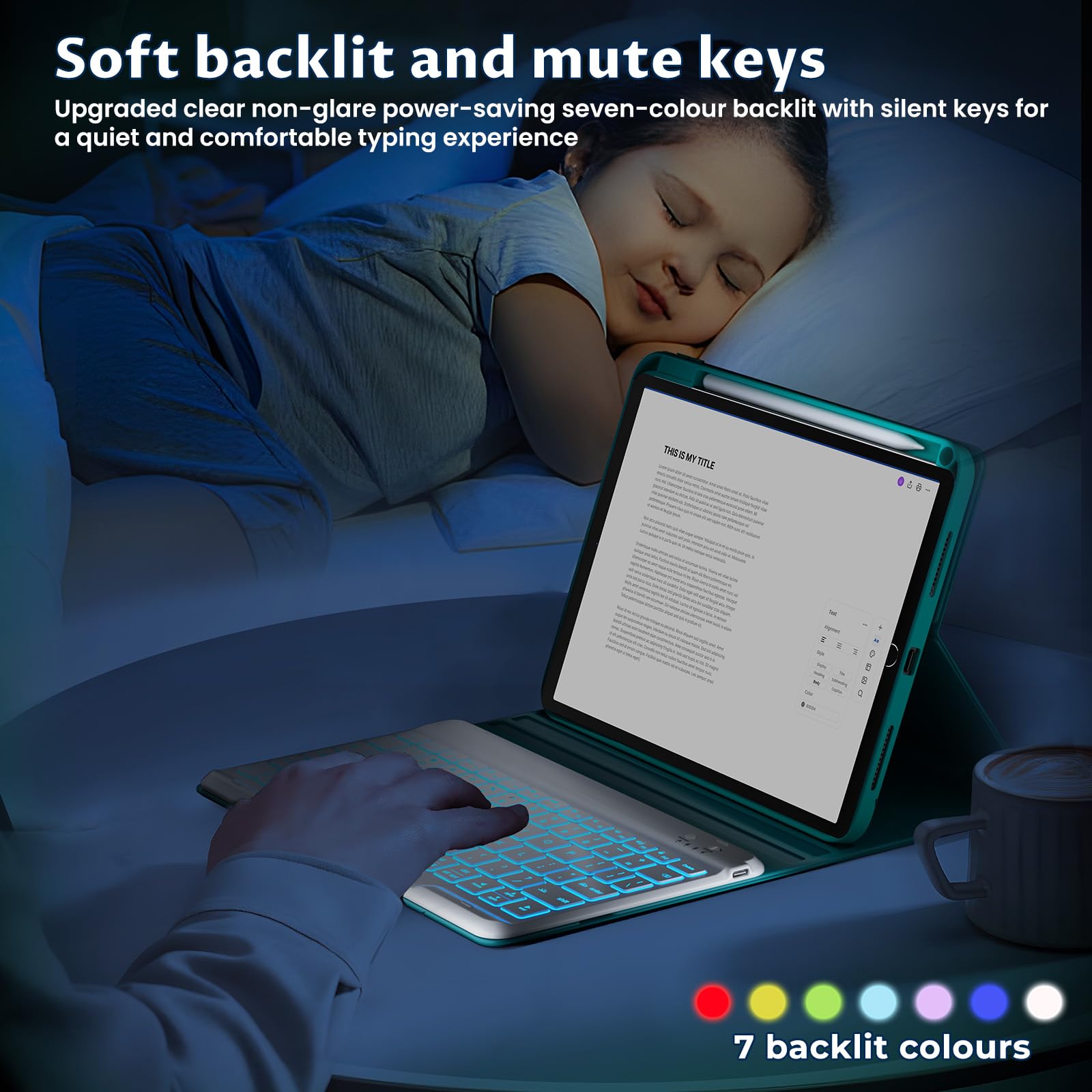 OYEEICE Keyboard Case for iPad Pro 12.9 inch (6th, 5th, 4th Gen) & New Air 13 inch M2, 7 Color Backlit Detachable Wireless Keyboard, Auto Sleep/Wake Cover with Pencil Holder (2022 2021 2020) - Teal