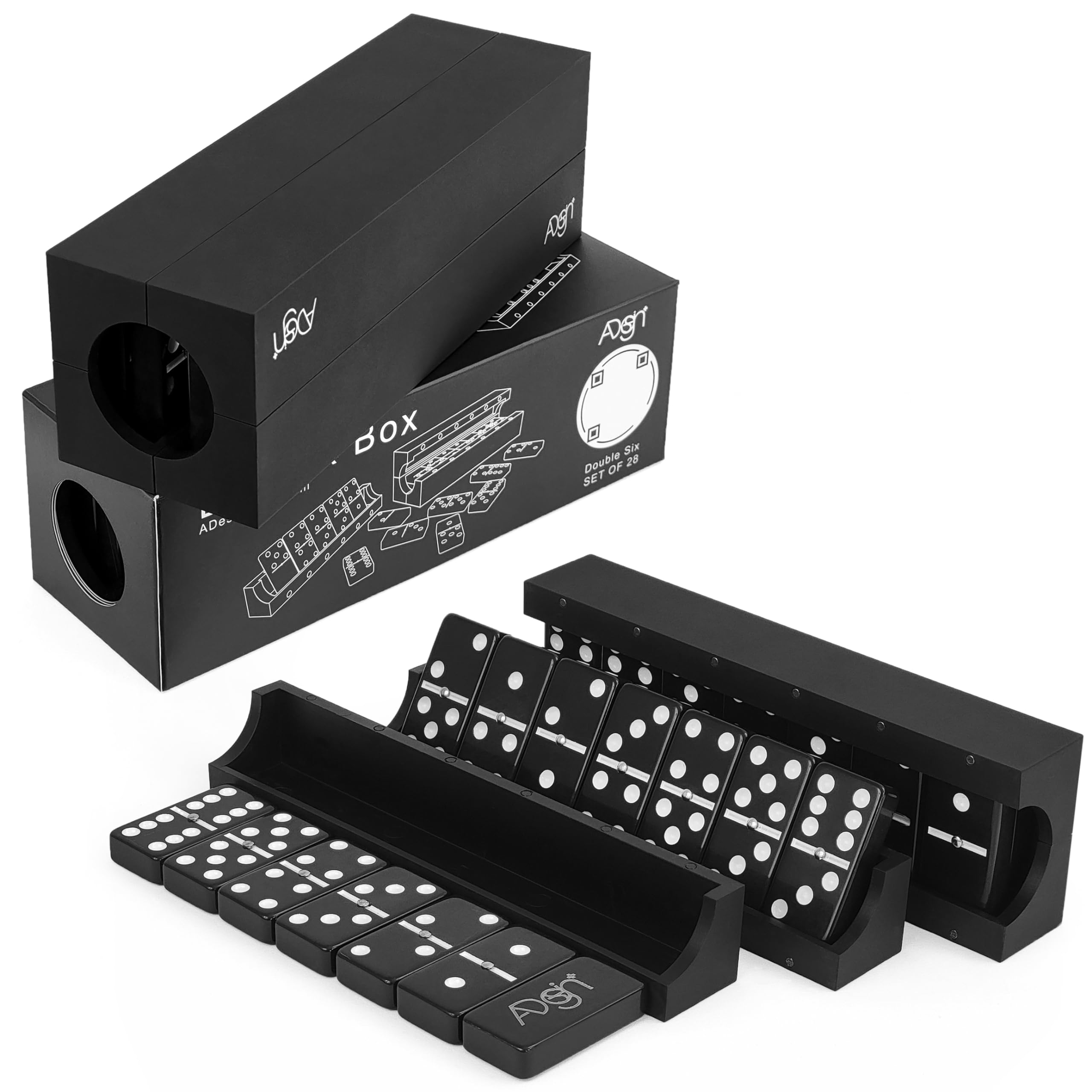 Domino Game Set of 28 | Professional Double 6s | Multi-use Box | Trays to Stand Tiles | by ADesign+ (Bamboo)