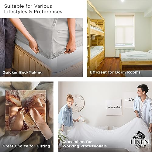 Linen Home 100% Cotton Percale Fitted Sheet Set Queen Size, Silver, Deep Pocket, 3 Piece -1 Deep Pocket Fitted Sheet and 2 Pillowcases, Crisp Cool and Strong Bed Linen
