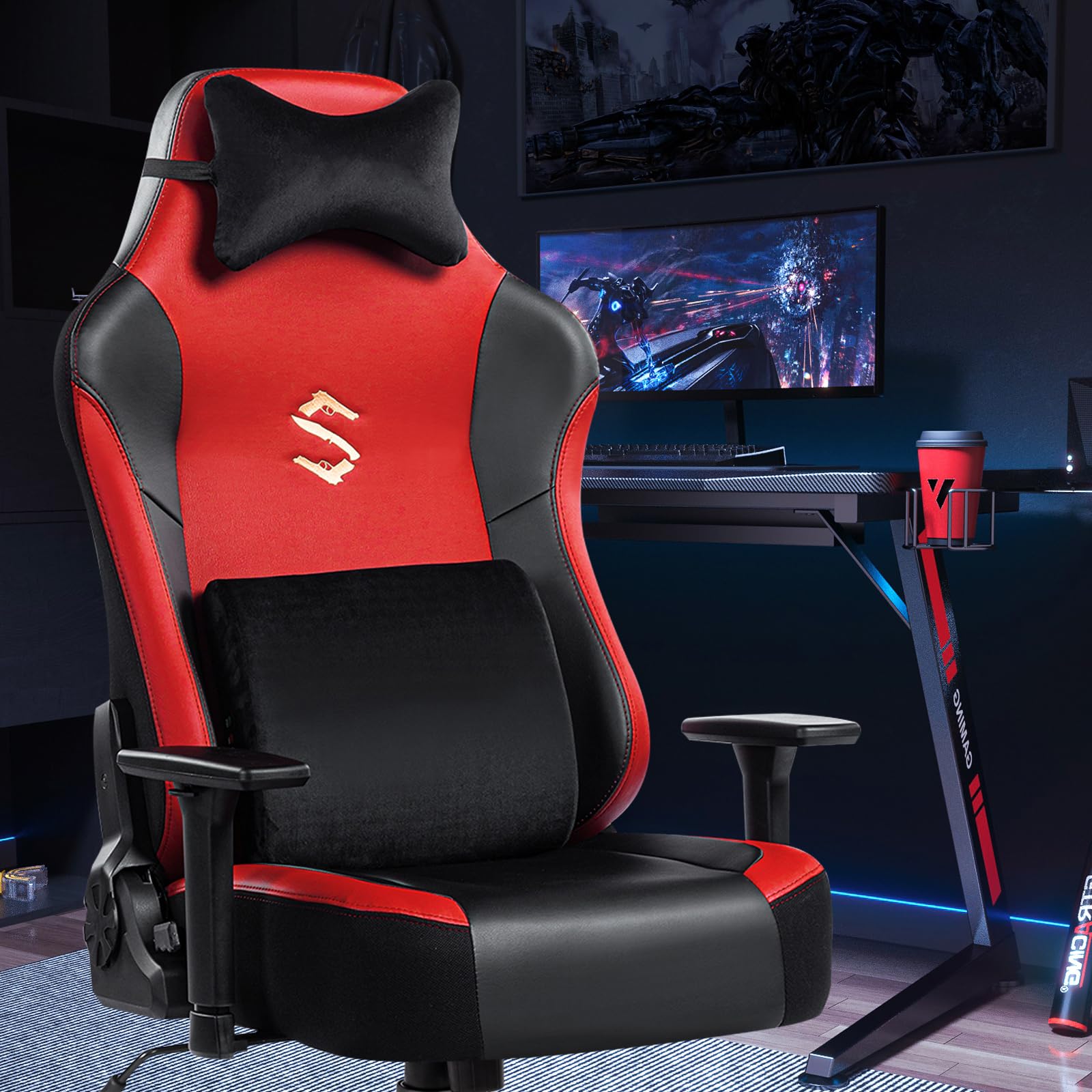 Fantasylab Big and Tall 400lb Massage Memory Foam Gaming Chair Adjustable Tilt, Back Angle and 3D Arms High-Back Leather Racing Executive Computer Desk Office Chair, Metal Base, Red