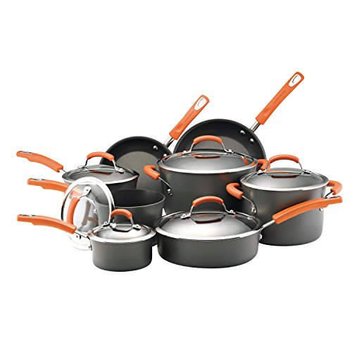 Rachael Ray Brights Hard-Anodized Nonstick Cookware Set with Glass Lids, 14-Piece & Brights Hard Anodized Nonstick Frying Pan/Fry Pan/Hard Anodized Skillet with Helper Handle - 14 Inch, Gray