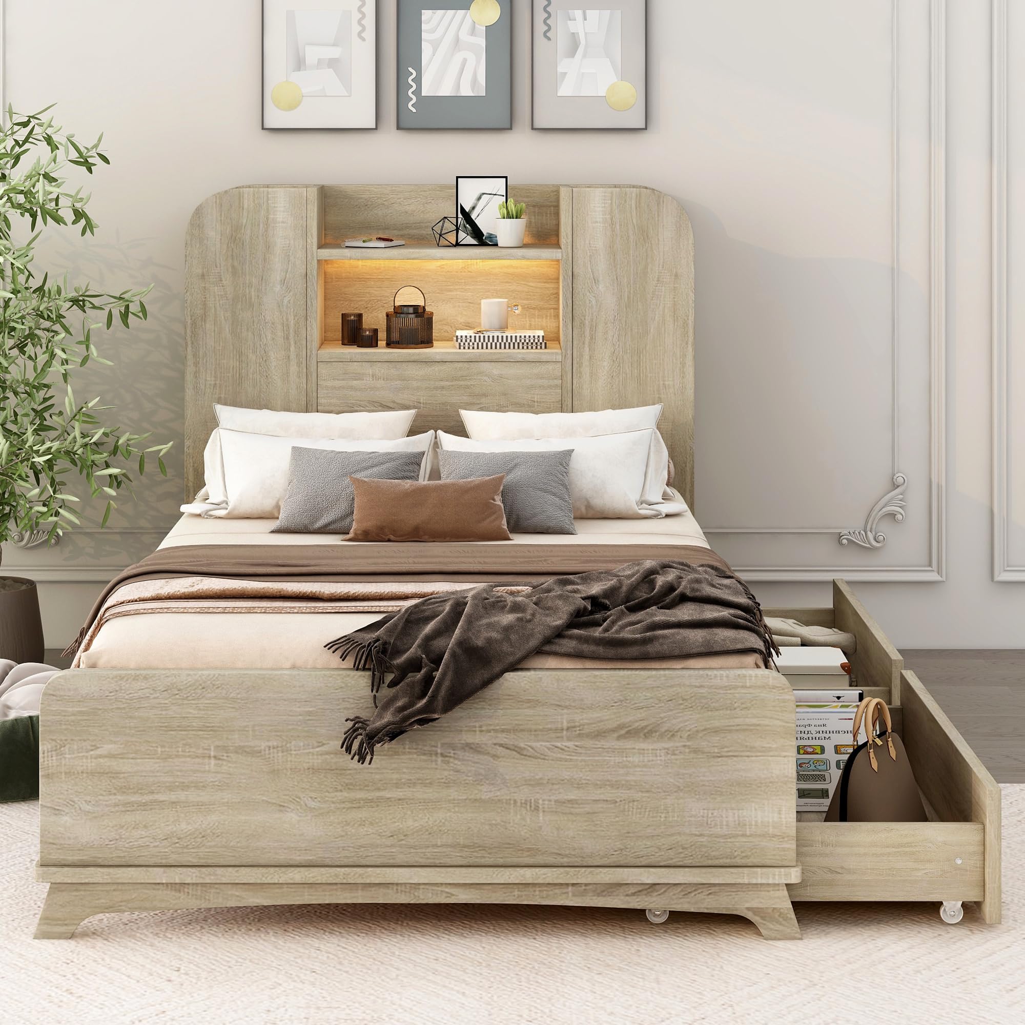 HoRunzelin Twin Size Platform Bed with Storage Bookcase Headboard,2 Drawers and LED Light,Wooden Bed Frame with Bookshelf Shelves for Kids Boys Girls, Natural