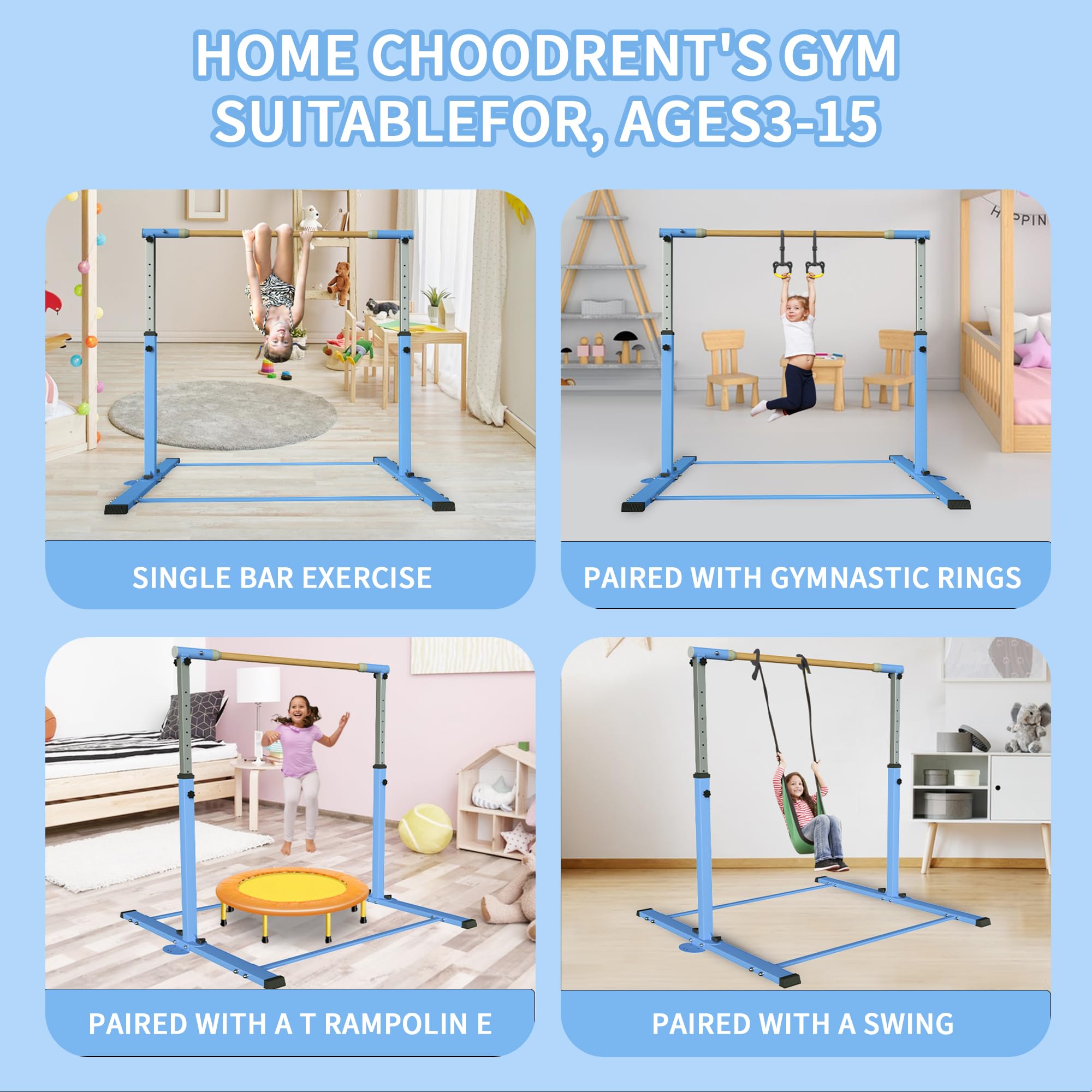 EL&IT·Wings Gymnastic Kip Bar,Horizontal Bar for Kids Girls Junior,3' to 5' Adjustable Height,Home Gym Equipment,Ideal for Indoor and Home Training,300lbs Weight Capacity