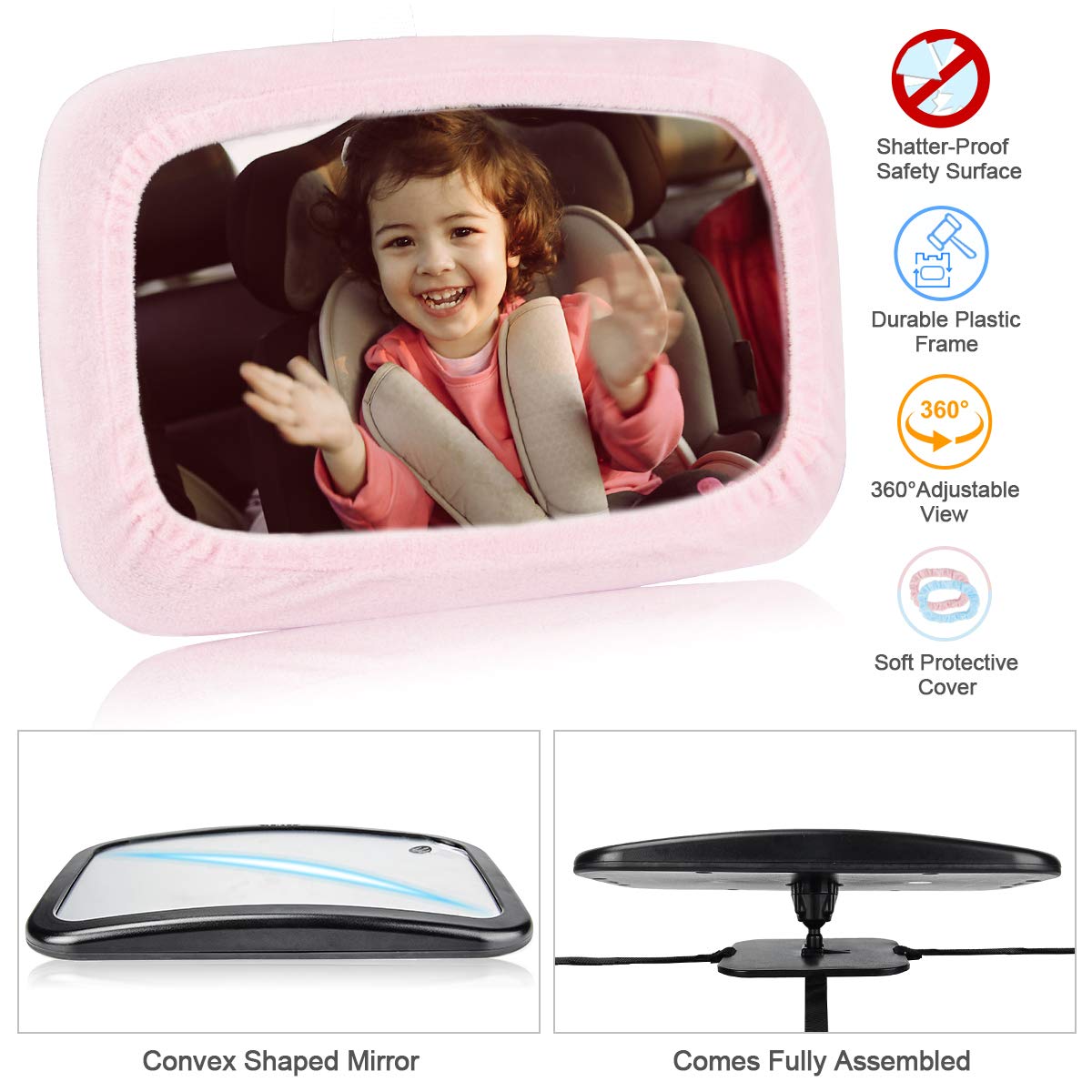 FACIACC Baby Car Mirrors for Back Seat, 360° Rotation Rear View Car Seat Mirror Safety Shatterproof Infant Rear Facing Mirror, Easy Assembled (Black+Pink)