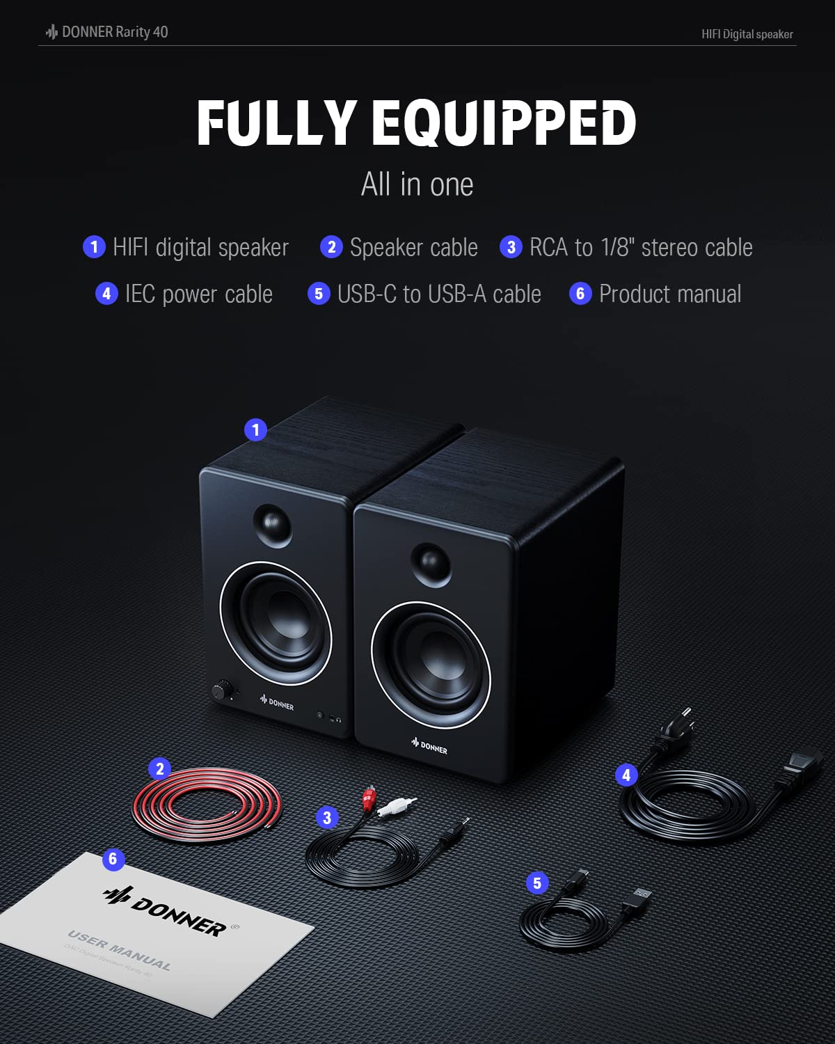 Donner Studio Audio Monitor, Wireless Active Bookshelf Speakers with AptX-HD Bluetooth 5.0, Stereo Speakers with Equalizer Editor, TRS/RCA/AUX/USB-C Input, 24bit DAC, Rarity-40