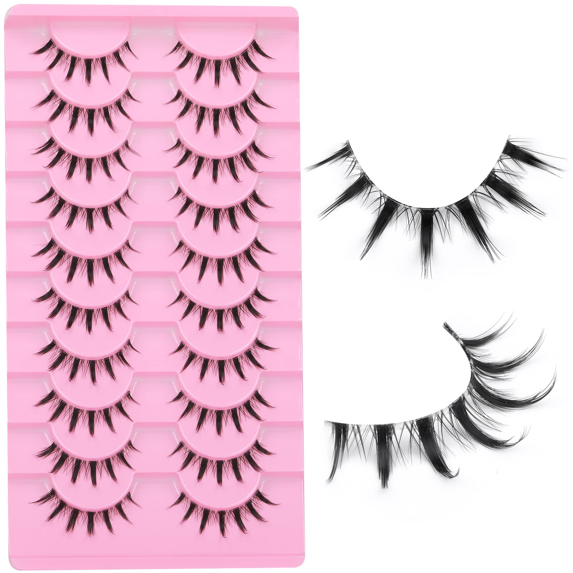 FANXITON Manga Lashes Natural Look 10 Pairs 15mm with Clear Band Japanese Cosplay Lashes Short Handmade 3D False Eyelashes