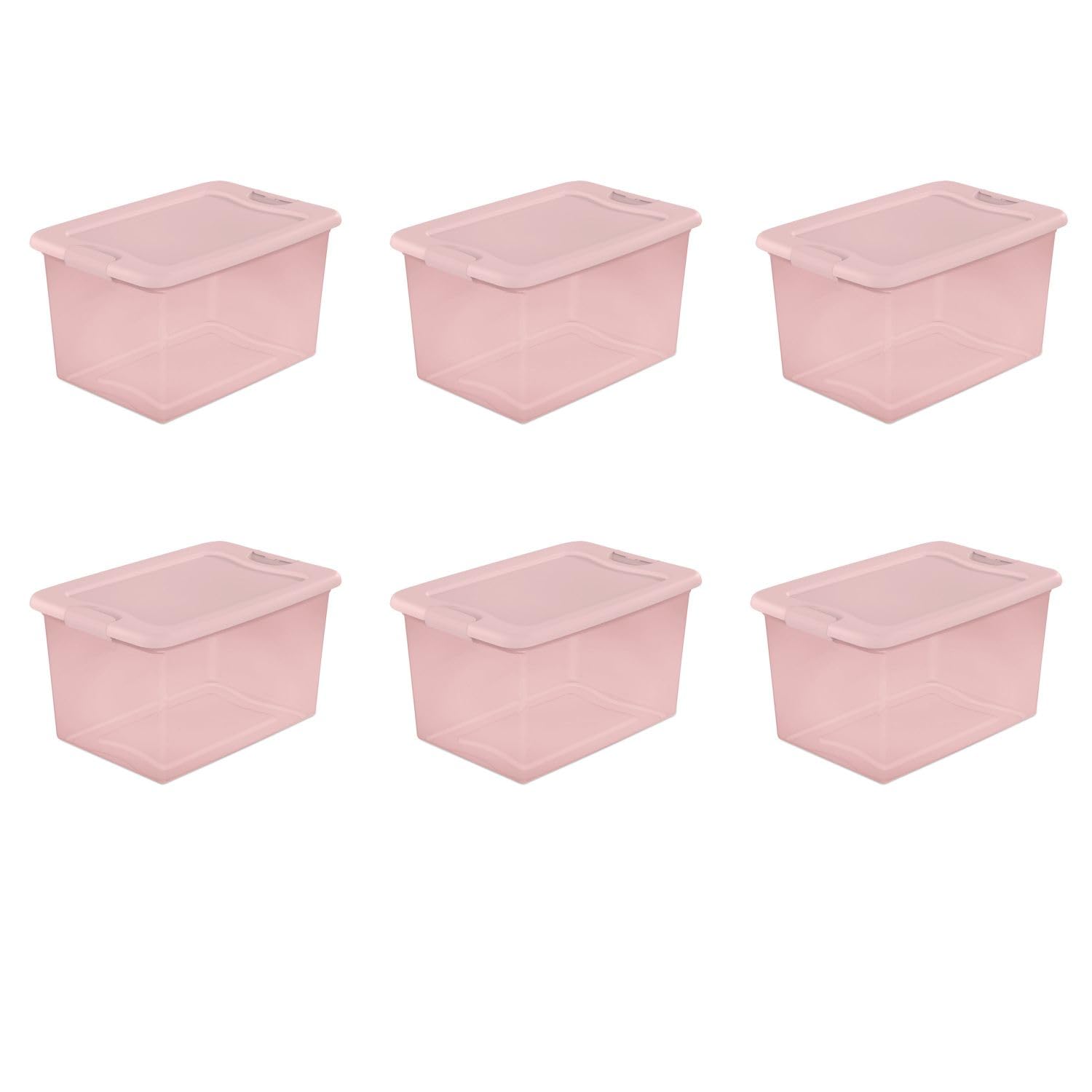 DELURA 64 Quart Latching Box Plastic, Versatile Storage Container Bin with Latching Lid, Durable Stackable Nestable Organizing Tote Tub Box, Pearl Blush Tint, Set of 6
