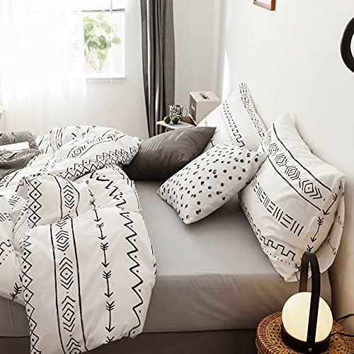 iyoimono Queen Size Duvet Cover Set Black Stripe and White Boho Geometric Bedding Set Reversible Quilt Comforter Cover with Zipper Closure (1 Duvet Cover 230x230cm+2 Pillow Shams 51x76cm)