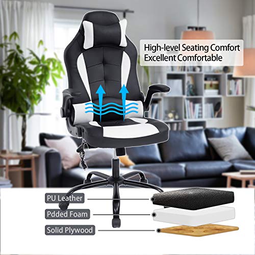 HCB Office Chair, Gaming Chair, Ergonomic Computer Desk Chair High Back Rolling Swivel Height Adjustable with Flip-Up Arms, Headrest and Lumbar Support, Massager, Leather (White)