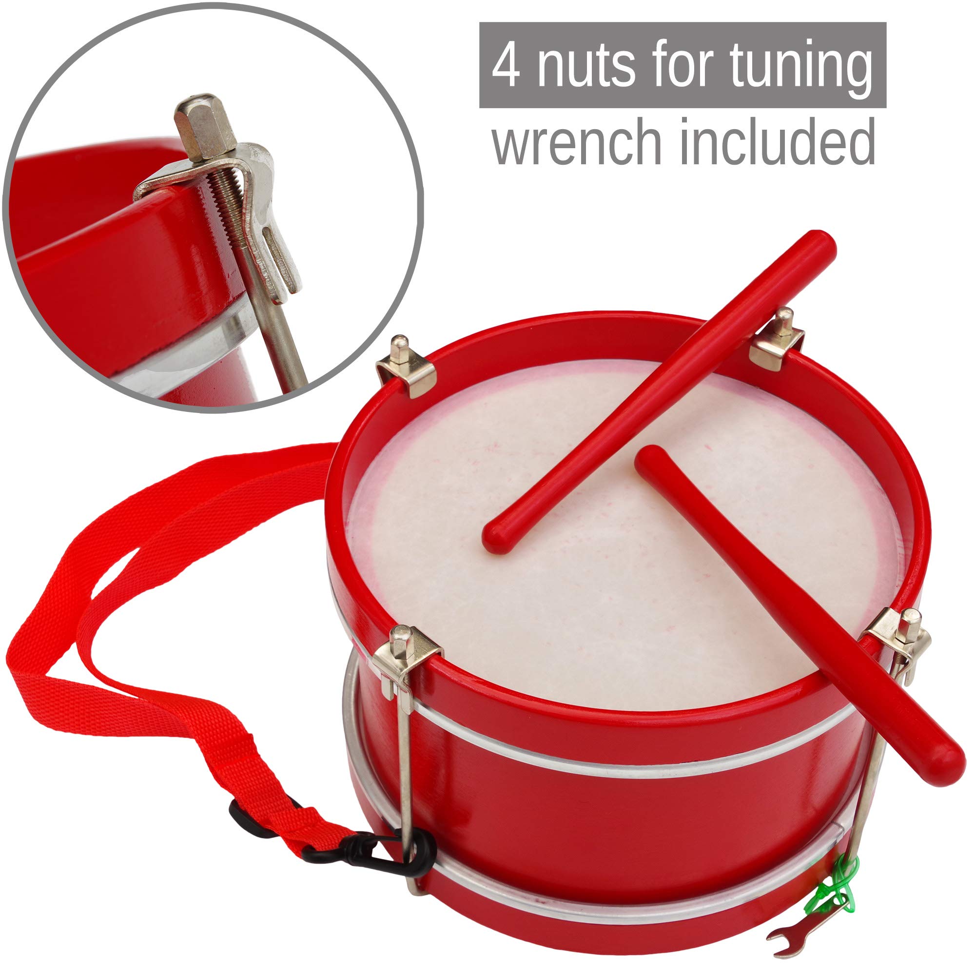Tunable Marching Drum for Kids - Wooden Frame - Plastic Head, Wood Sticks - Adjustable Strap - 9-inch Snare Drum for Children