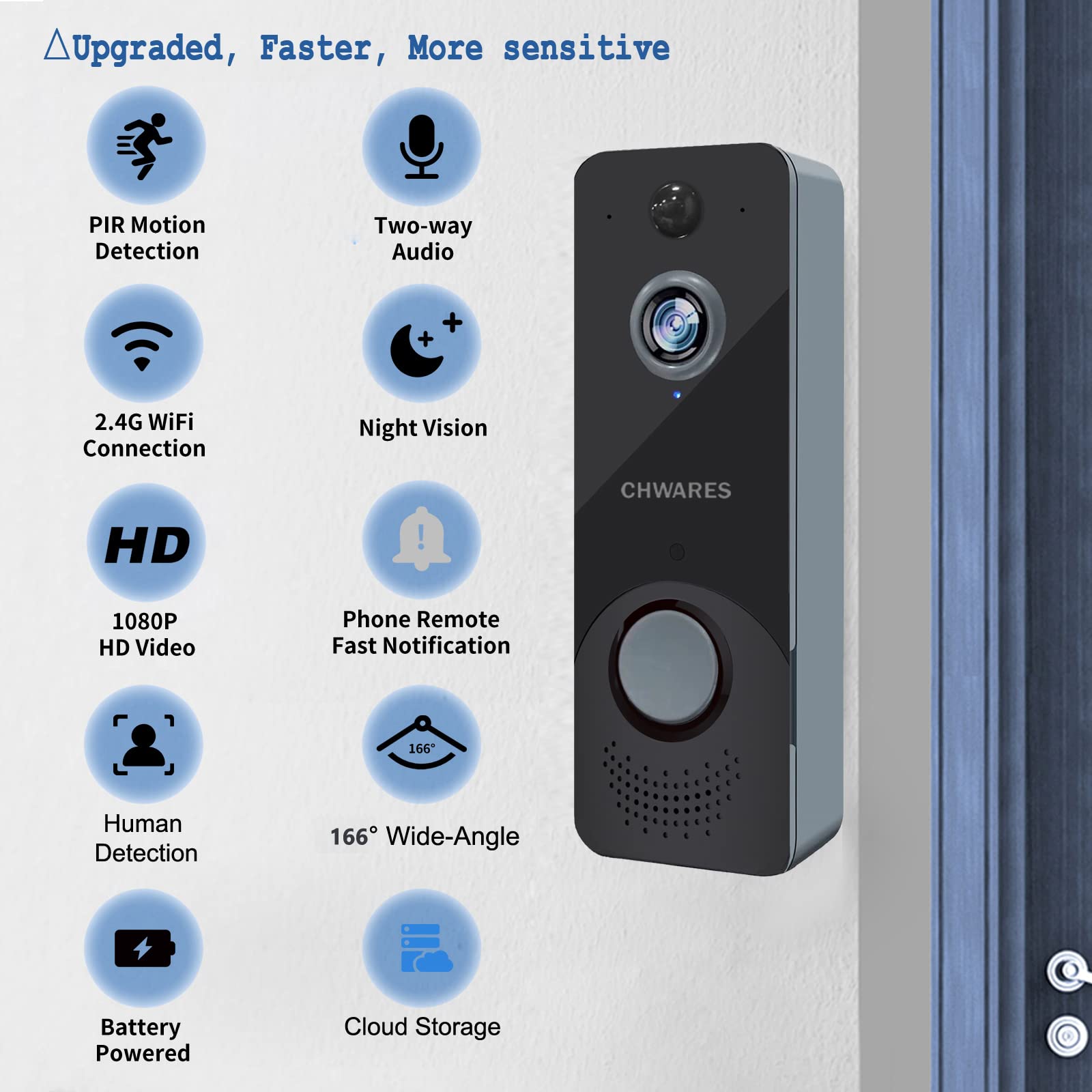 CHWARES 2022 New Wireless Video Doorbell Camera with Chime, 1080P HD Smart Door Bell Motion Detector, 2-Way Audio, Night Vision, Battery Powered, Free Cloud Storage